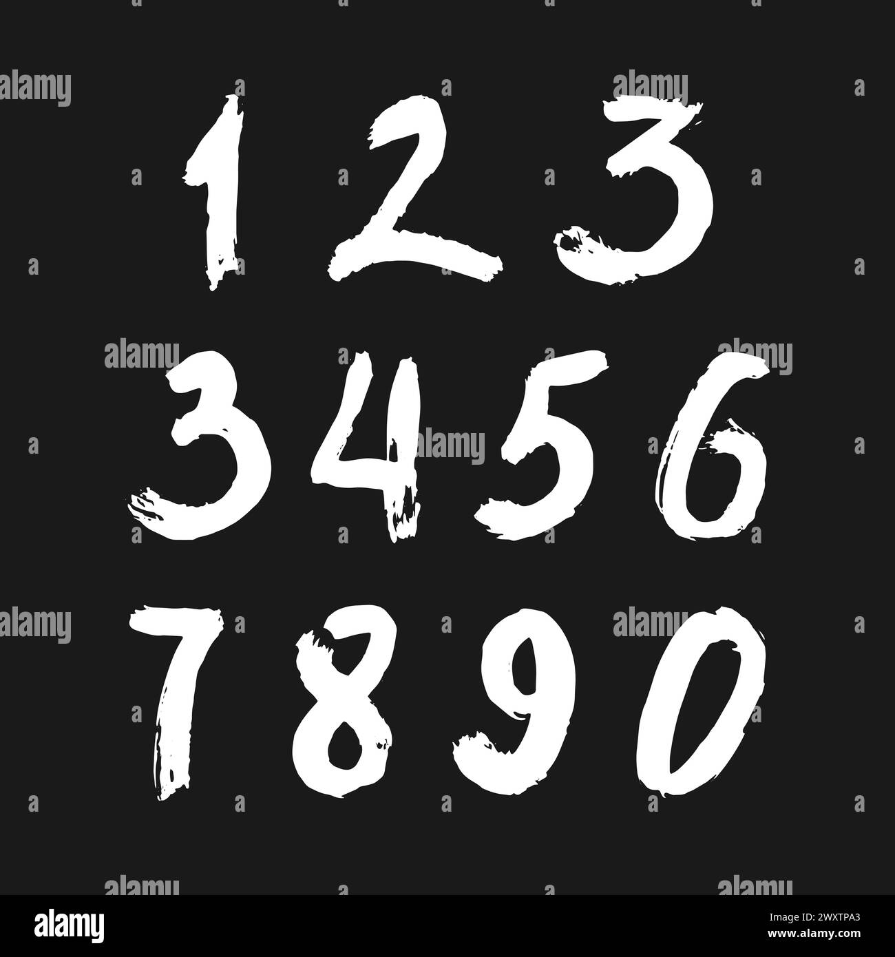 Set of calligraphic numbers painted by white brush on isolated black ...