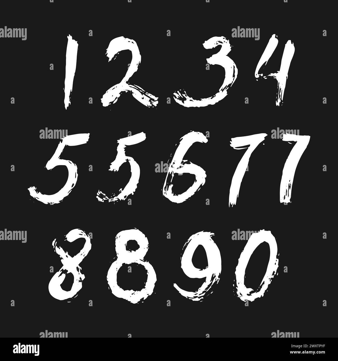 Set of calligraphic numbers painted by white brush on isolated black ...