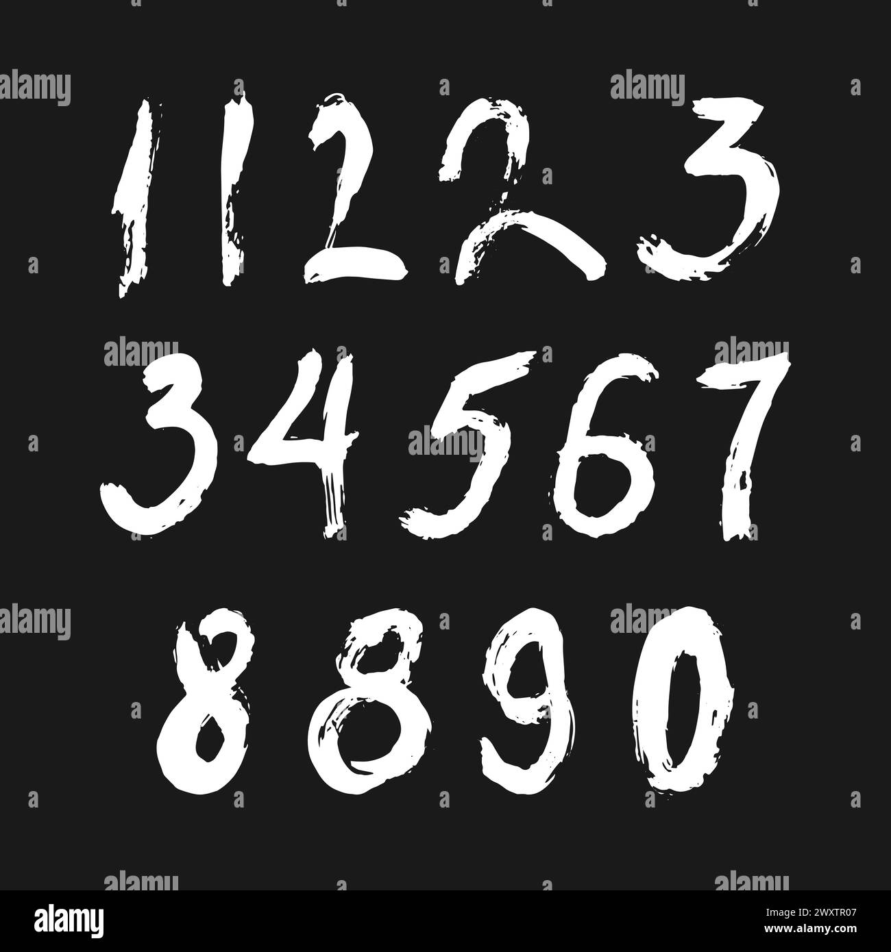Set of calligraphic numbers painted by white brush on isolated black ...