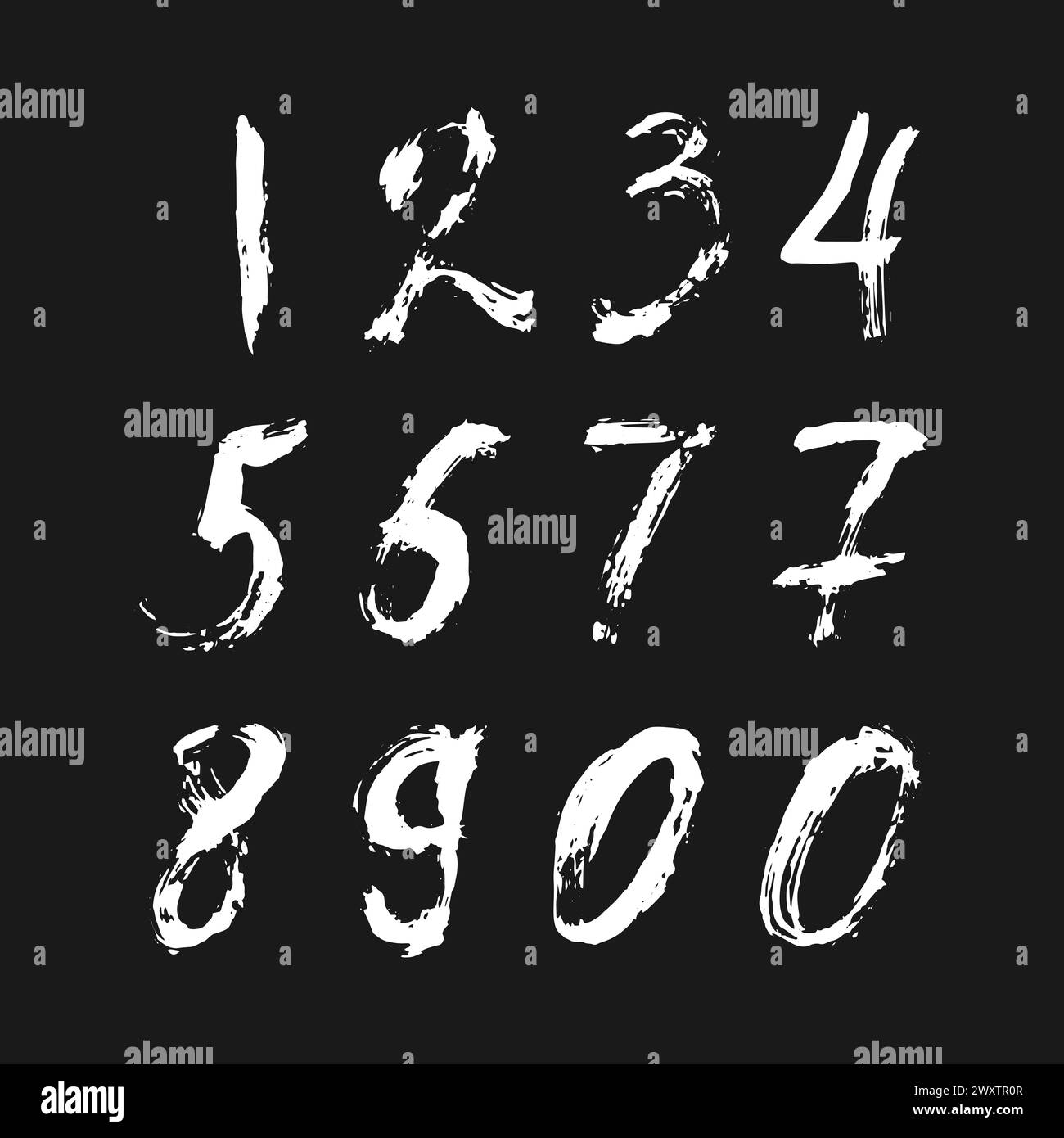 Set of calligraphic numbers painted by white brush on isolated black ...