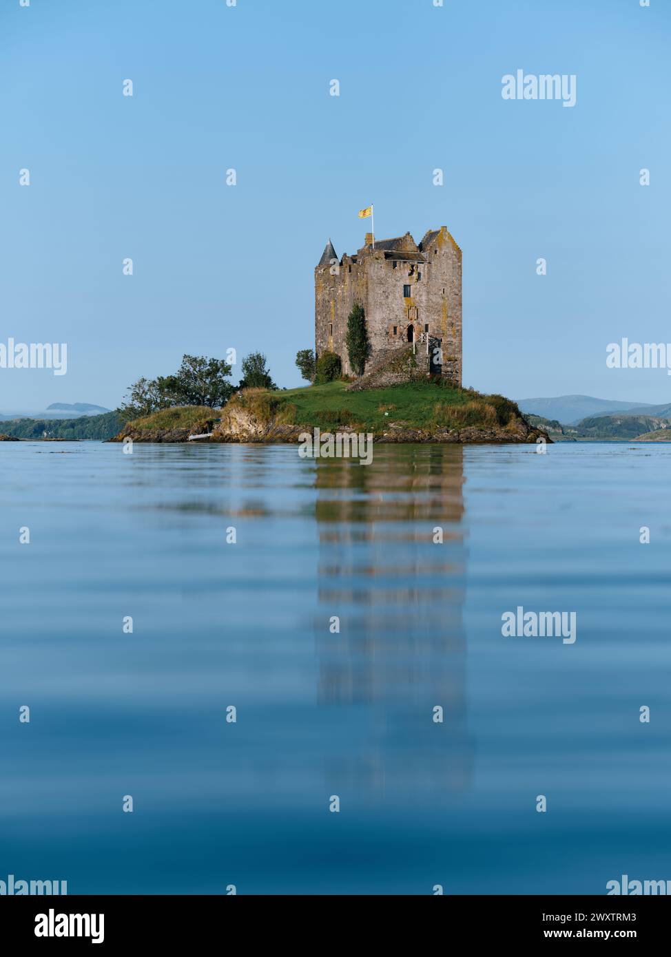 Castle Stalker tower house keep in Argyll, Scotland UK. Set on a tidal ...