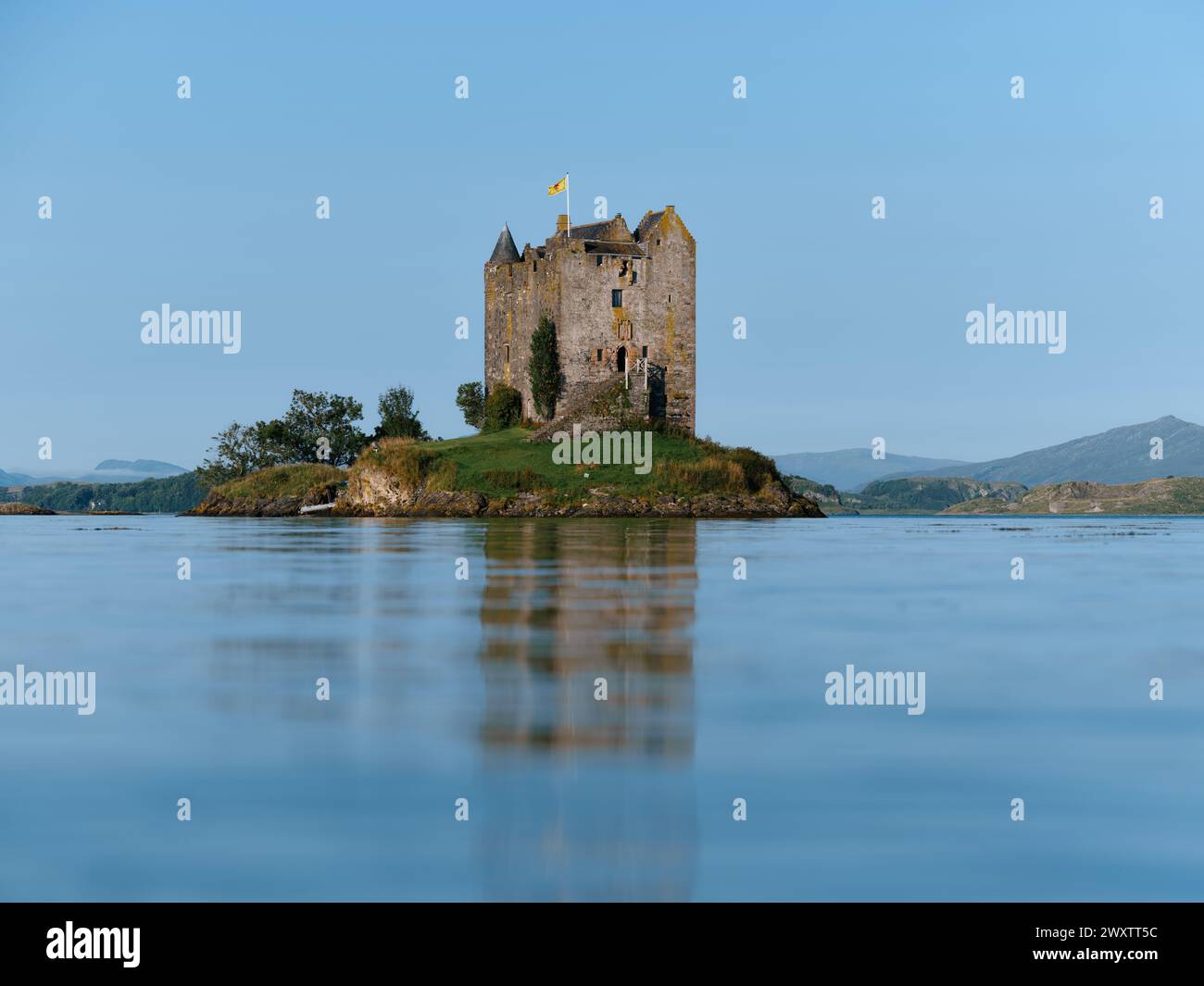 Castle Stalker tower house keep in Argyll, Scotland UK. Set on a tidal ...