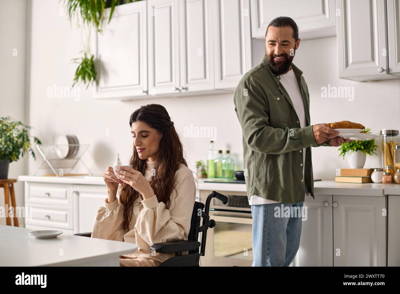 joyous beautiful disable woman in wheelchair enjoying coffee with her ...