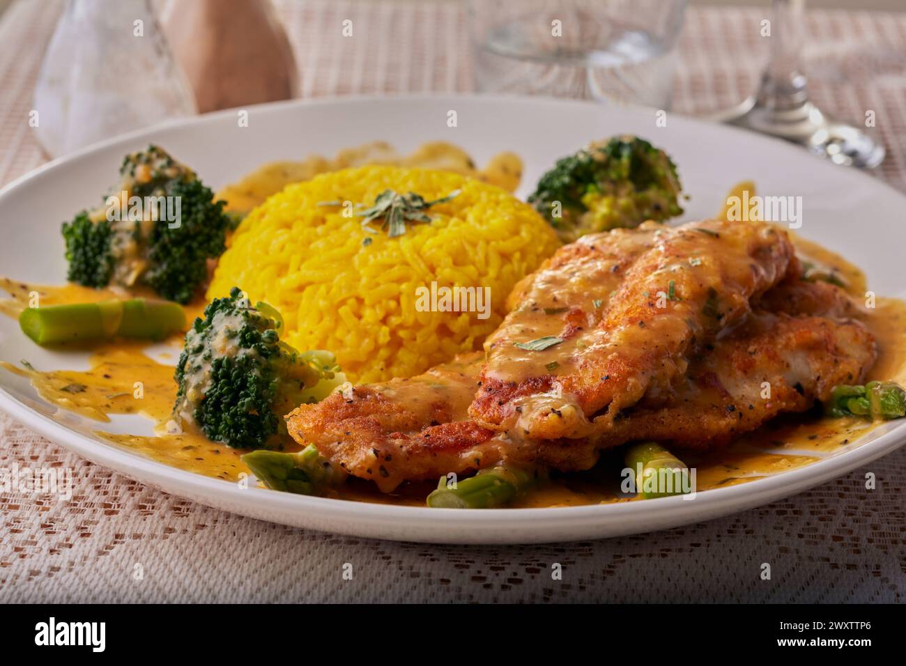 Pan cooked fish fillets with turmeric rice,vegetables and a orange and ...