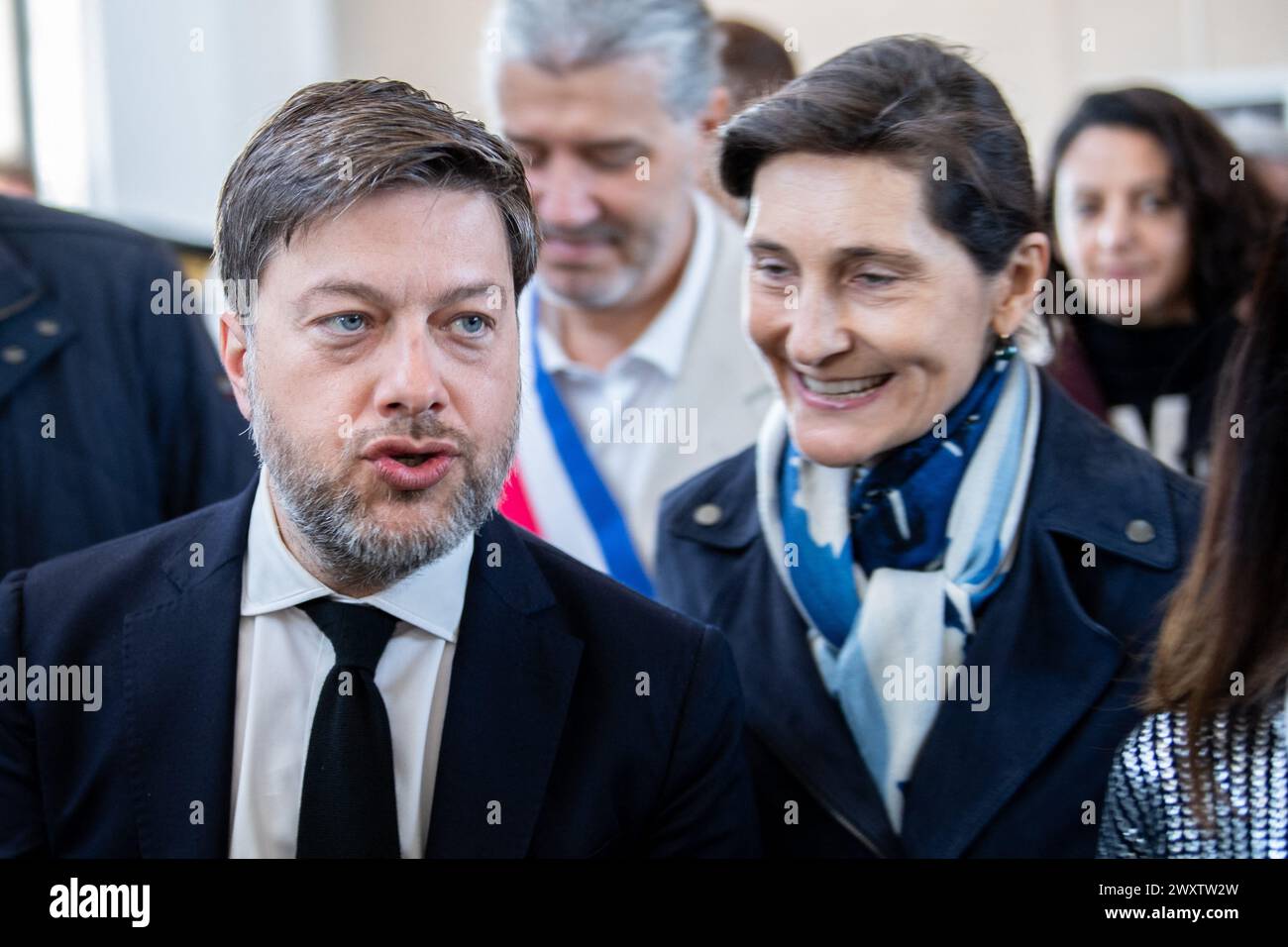 Marseille, France. 02nd Apr, 2024. Benoit Payan (L) and Amelie Oudea ...