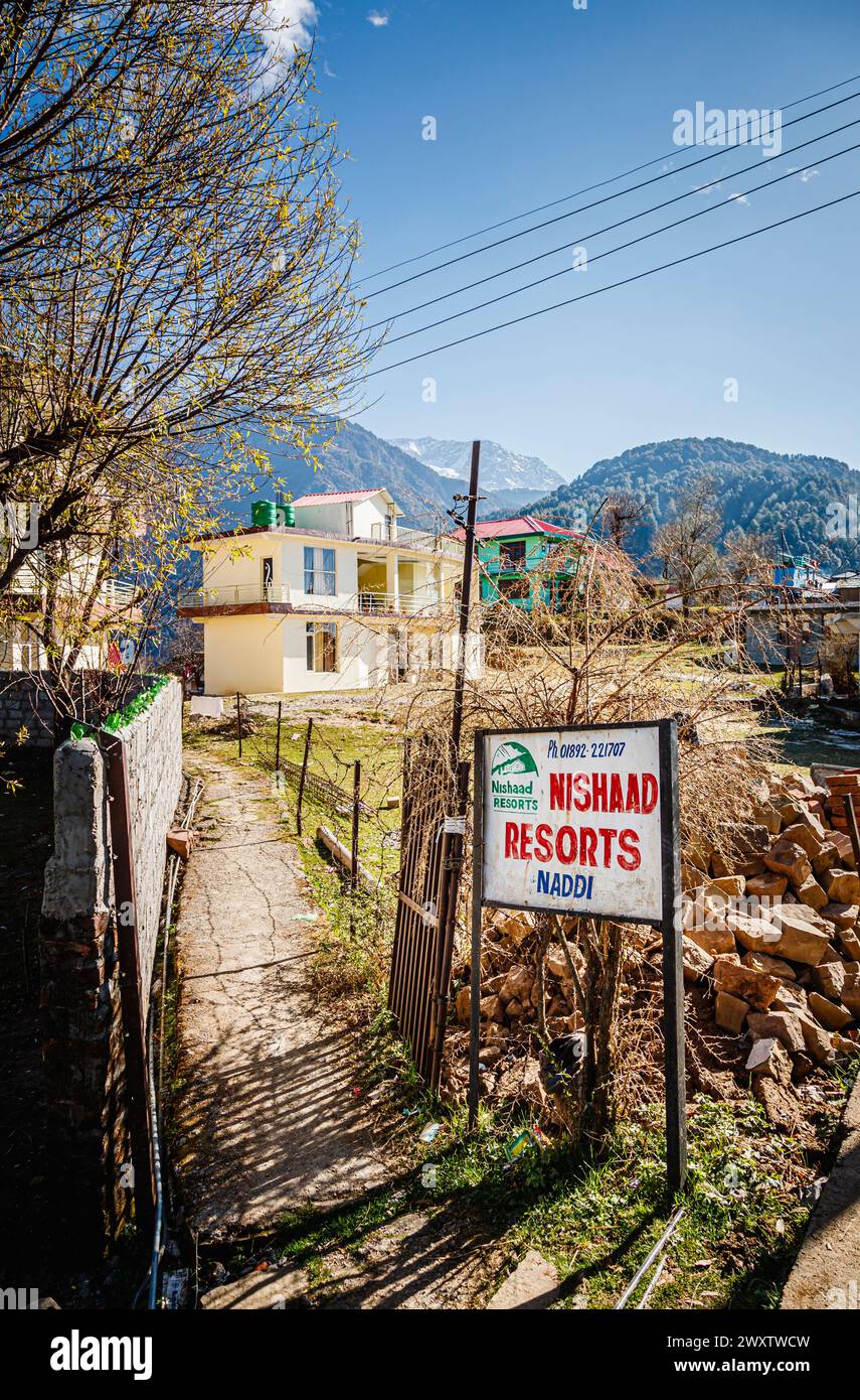Name sign at the entrance to Nishaad Resorts, a hotel in Naddi village ...