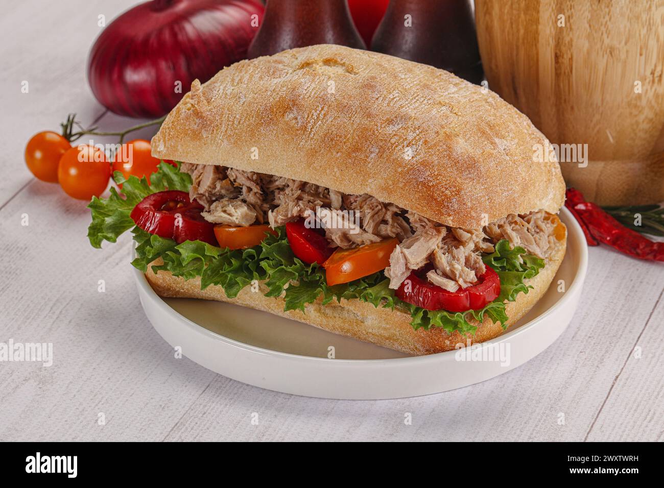 Ciabatta with canned tuna and tomato sandwich Stock Photo - Alamy