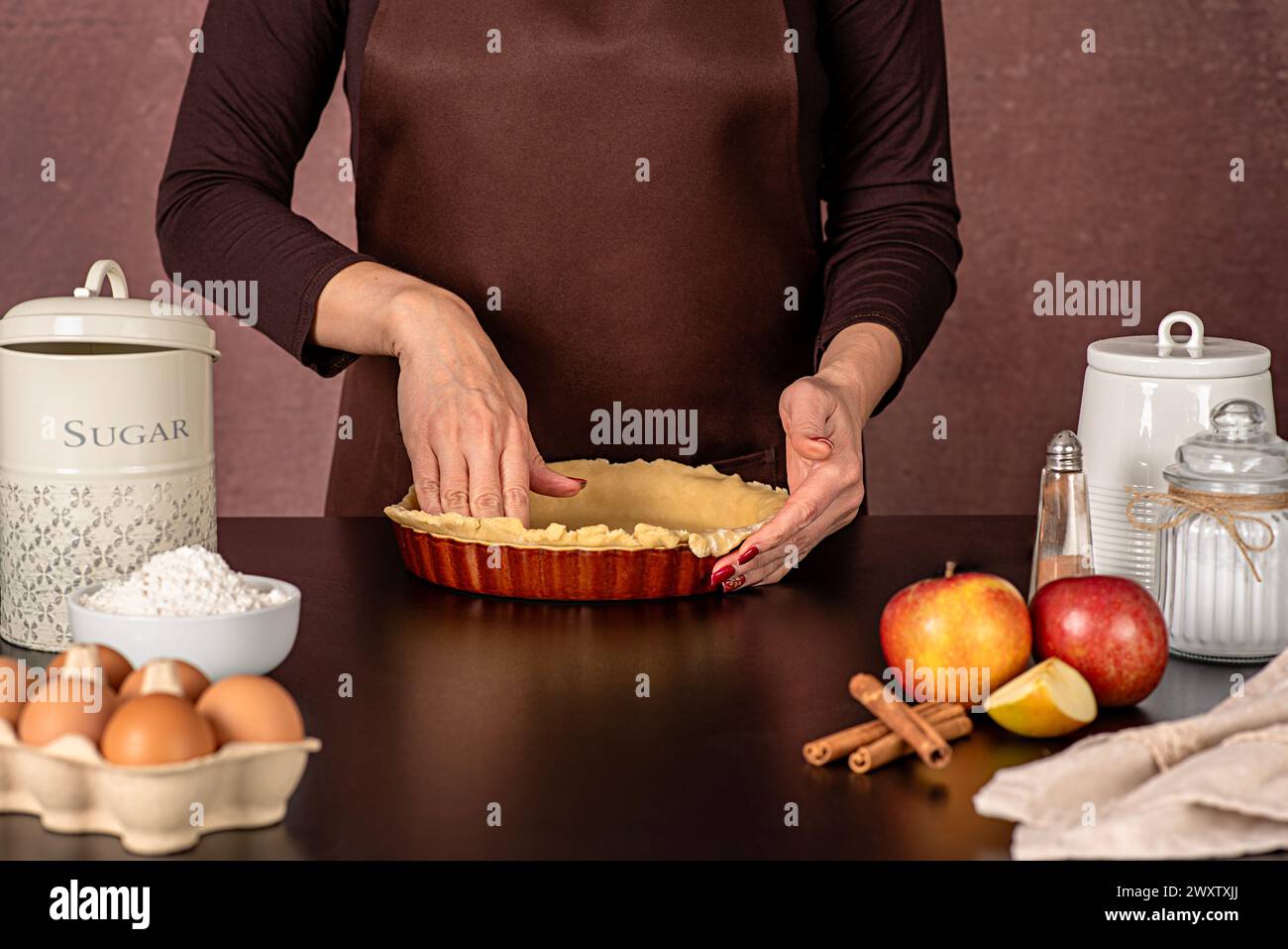 Food photography of raw apple pie; american dessert; dough; cooking ...