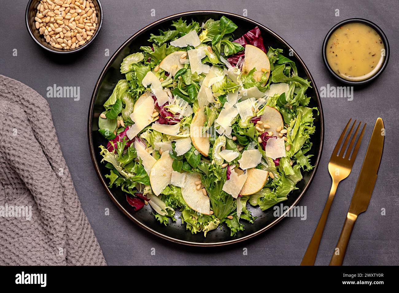 Food photography of salad; lettuce; apple, leaf; parmesan cheese ...