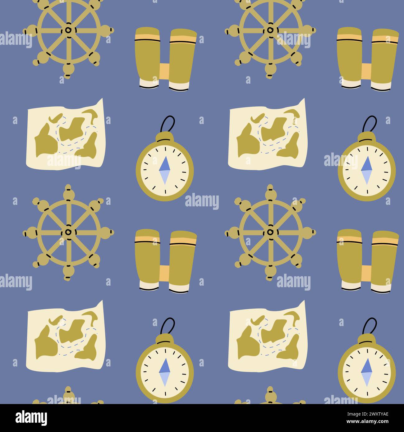 Cute marine baby pattern with wheel, compass, map. Seamless vector sea ...