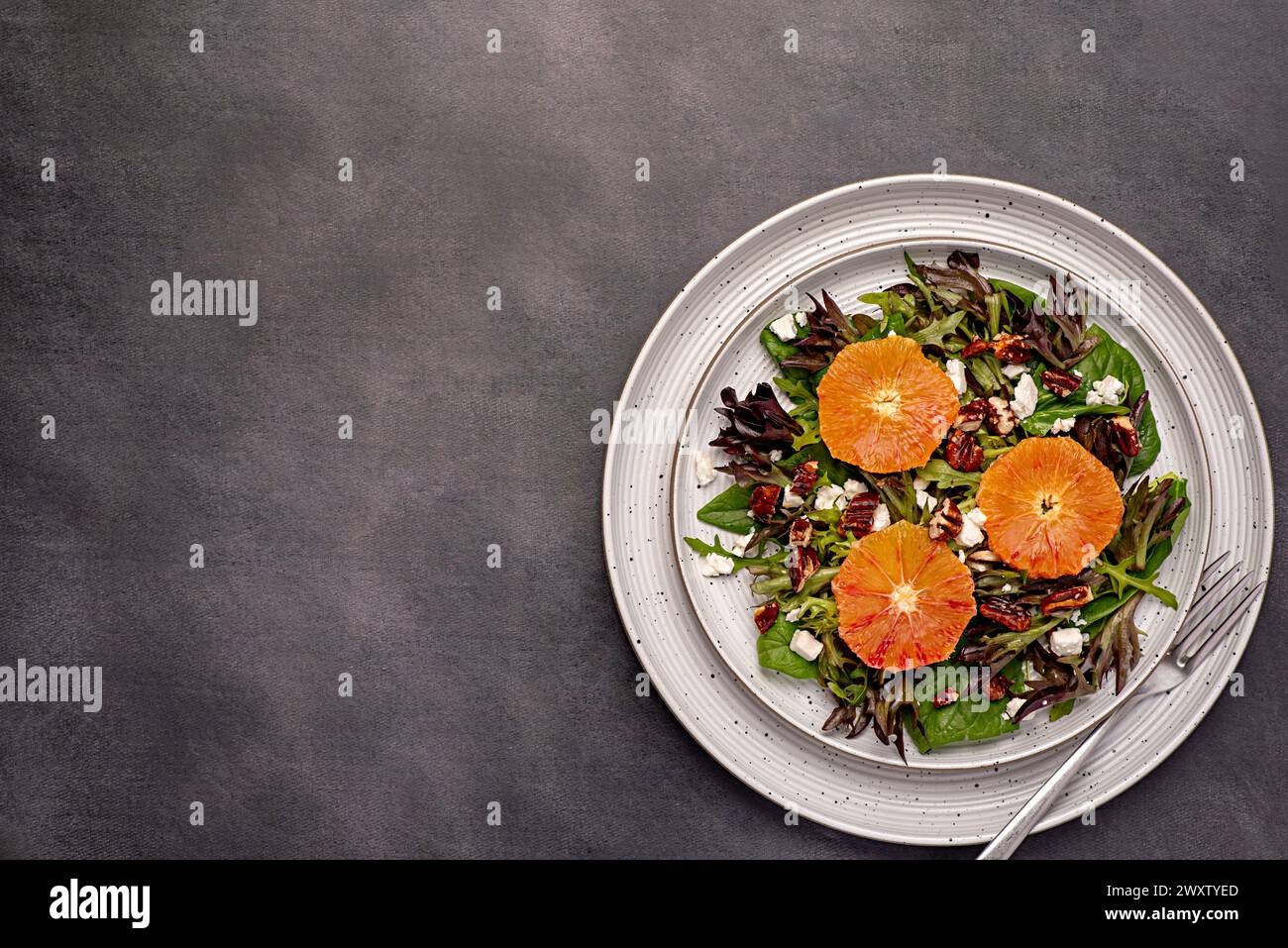 Blank food photography of salad with bloody orange, leaf, mix, spinach ...