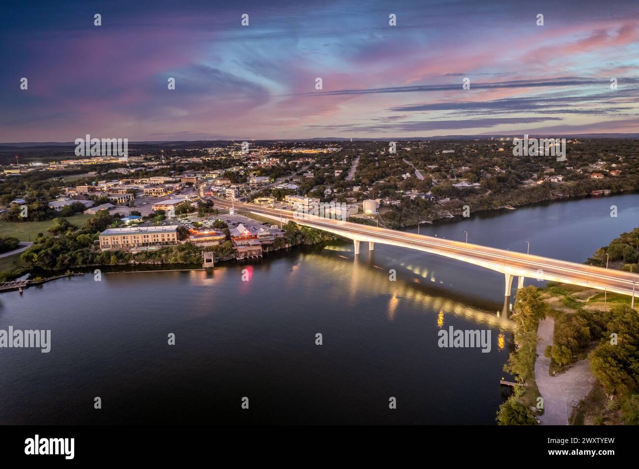 An aerial view of Marble Falls Bridge at sunset. Texas, USA Stock Photo ...