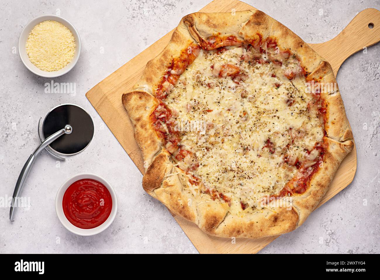 Food photography of cheese pizza; mozzarella; parmesan; cheddar ...