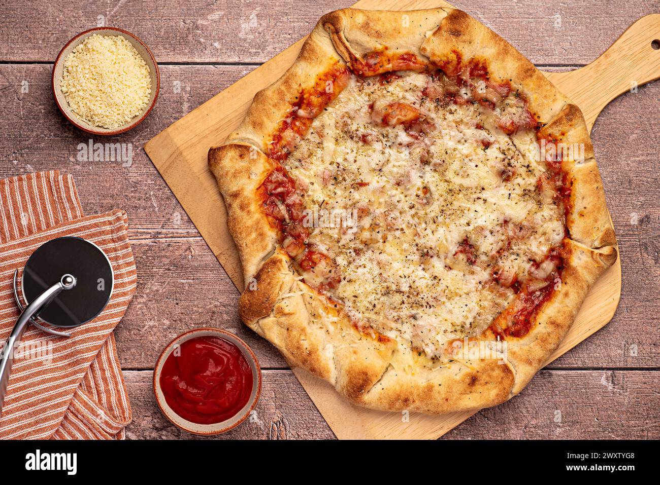 Food photography of cheese pizza; mozzarella; parmesan; cheddar ...