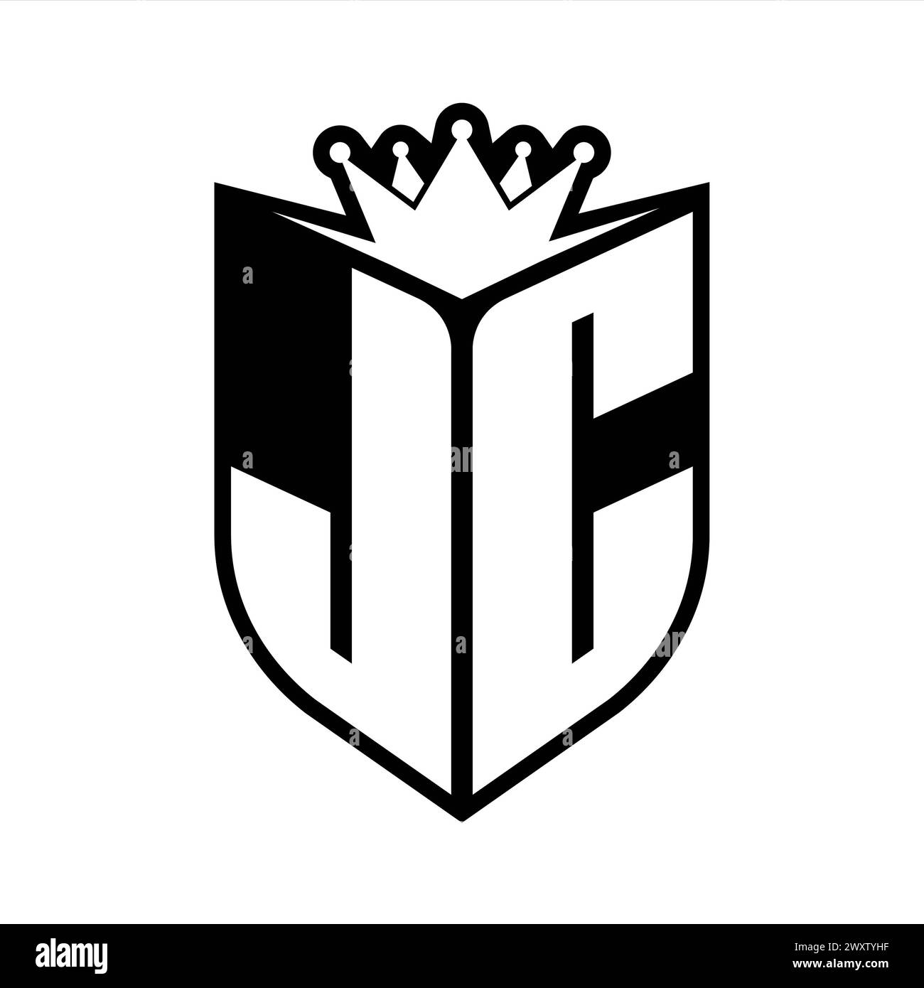 JC Letter bold monogram with shield shape and sharp crown inside shield black and white color ...