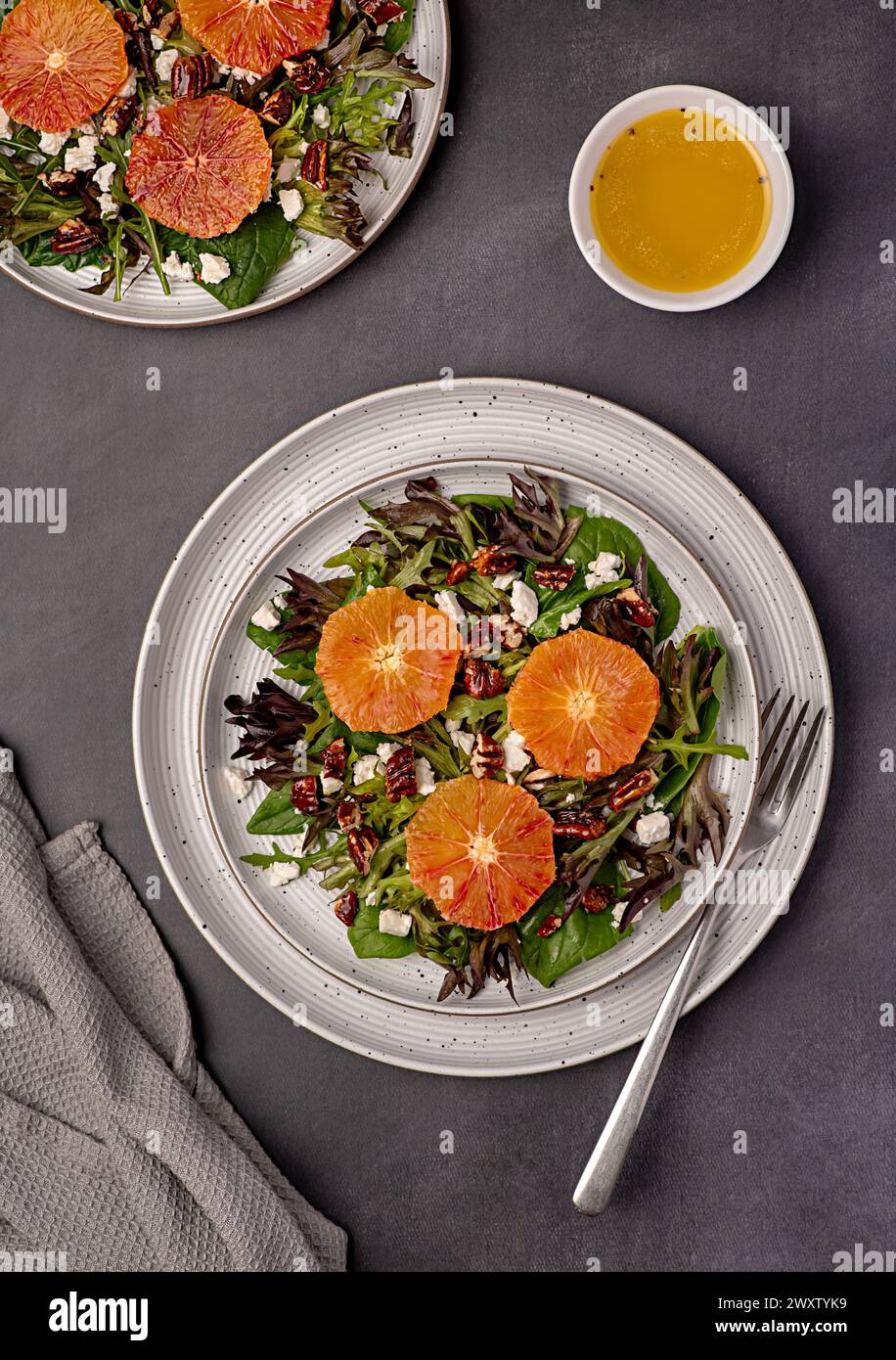 Food photography of salad with bloody orange, leaf mix, spinach, red ...