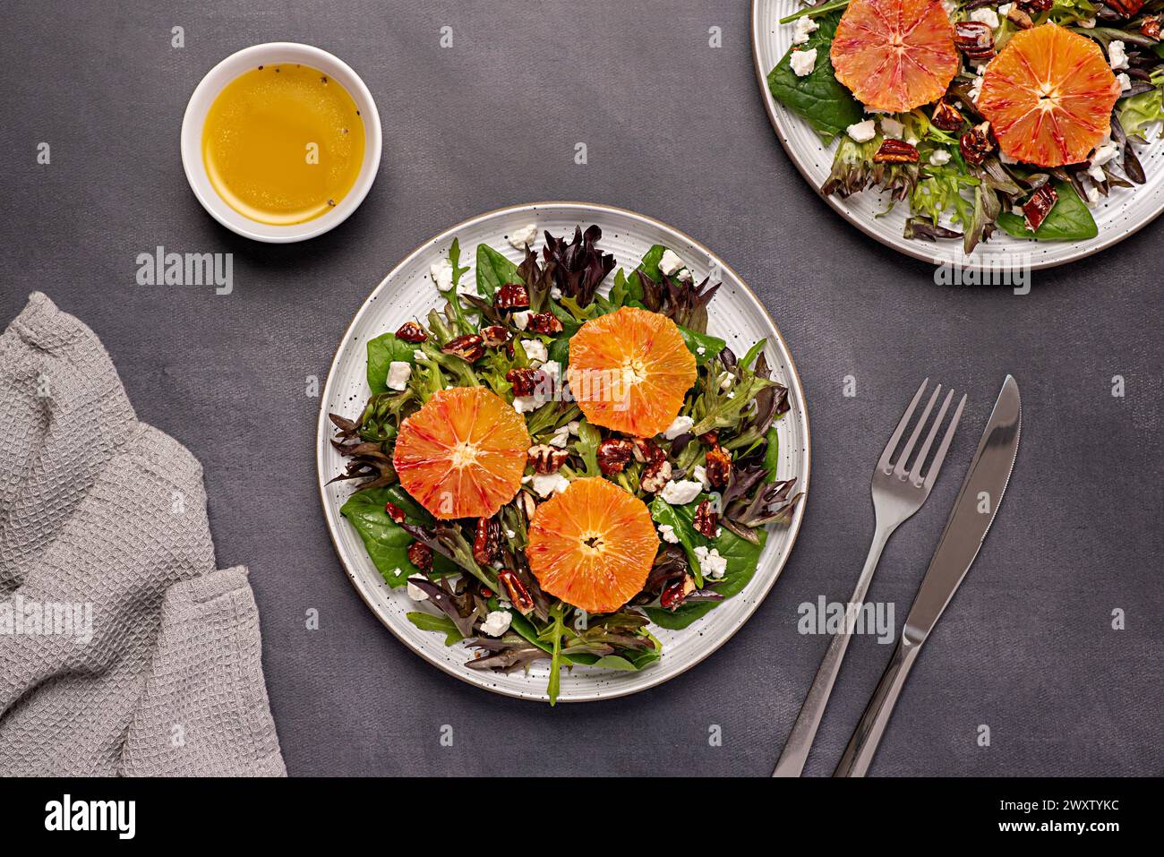 Food photography of salad with bloody orange, leaf mix, spinach, red ...