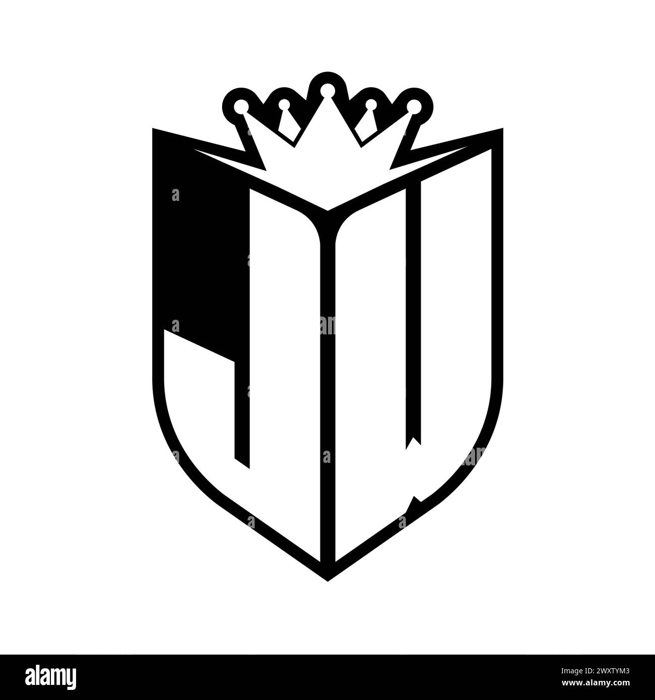 JW Letter bold monogram with shield shape and sharp crown inside shield black and white color ...