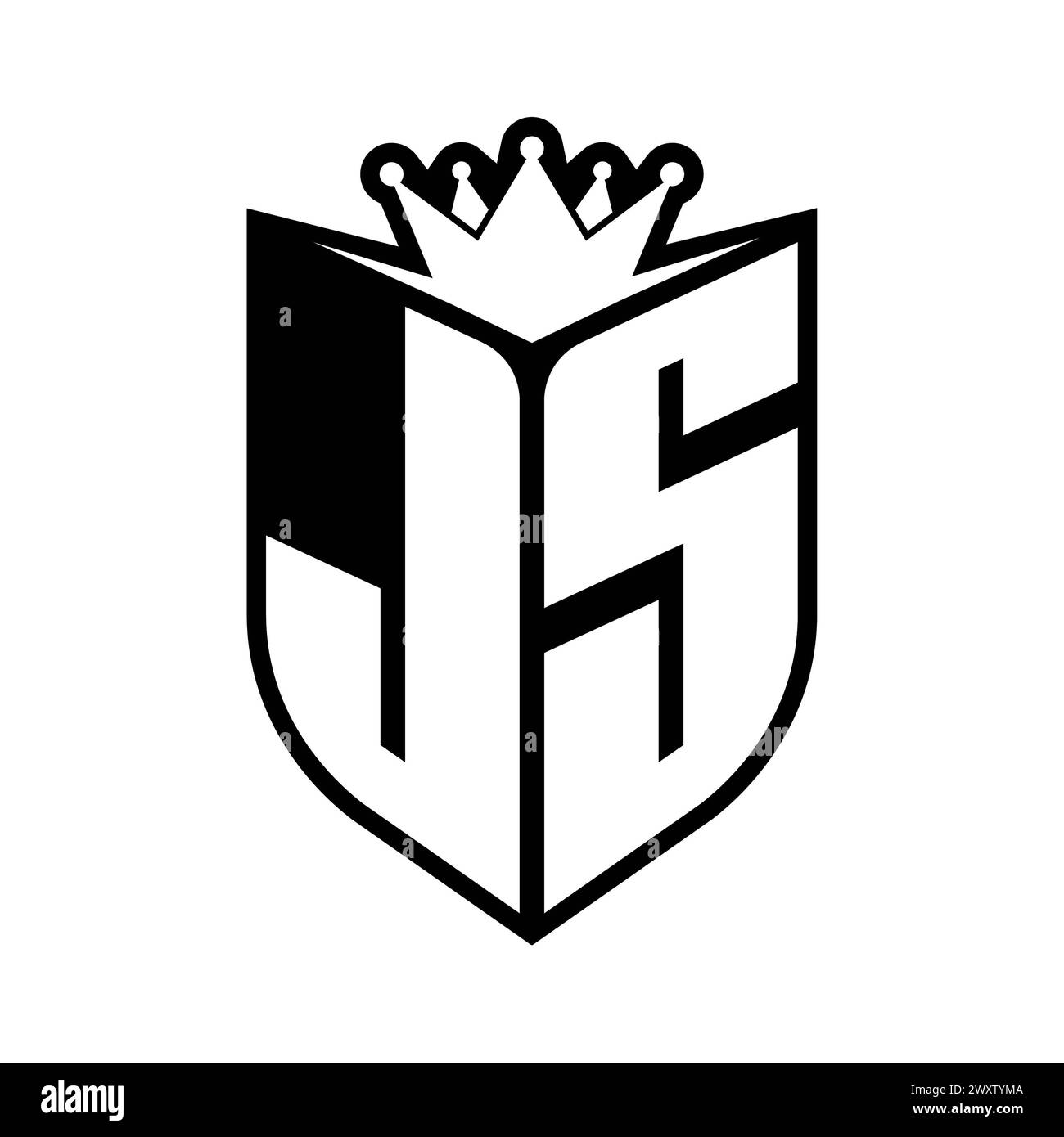 JS Letter bold monogram with shield shape and sharp crown inside shield ...