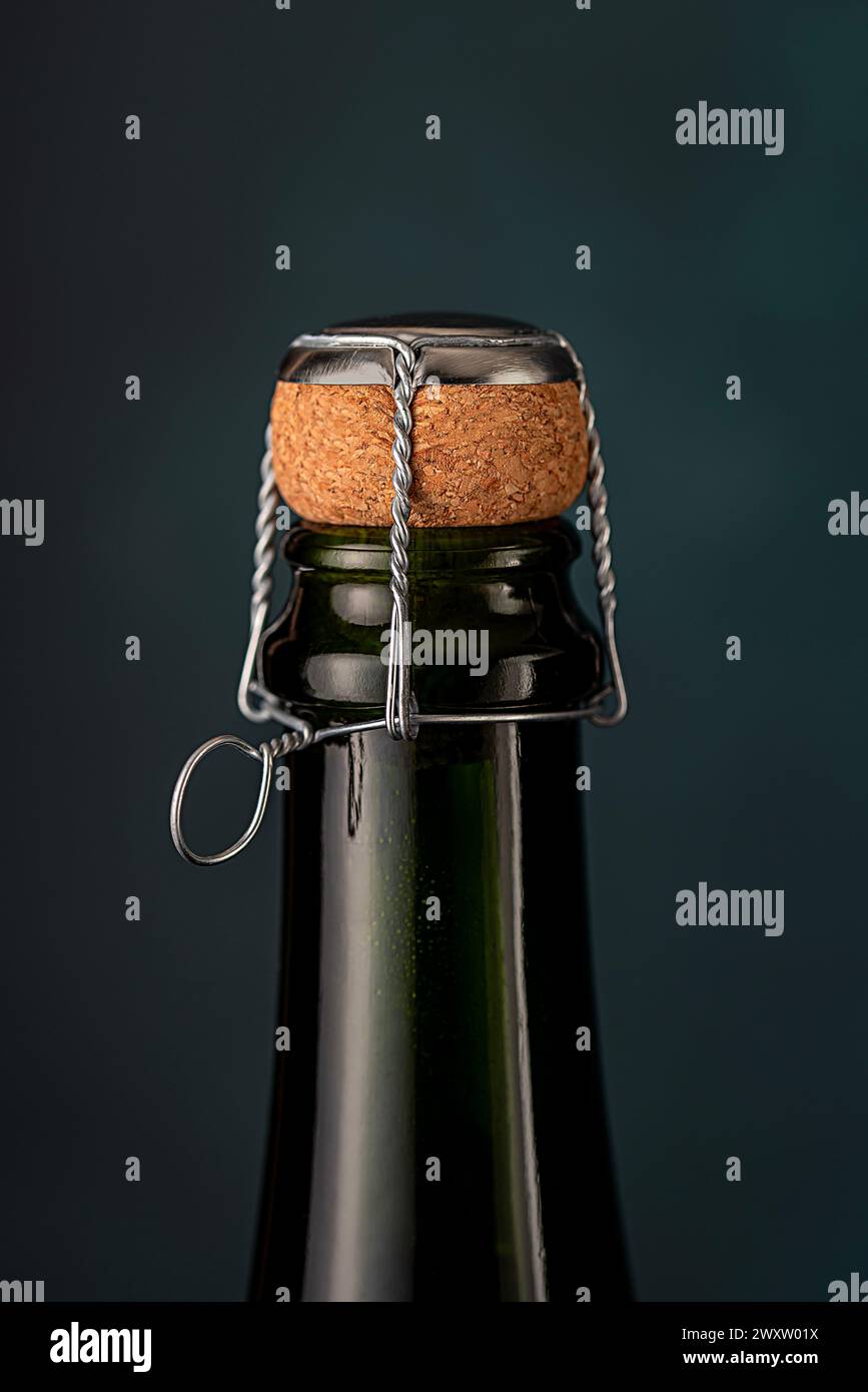 Macro photography of sparkling wine; bottle, cork; champagne; bubble ...