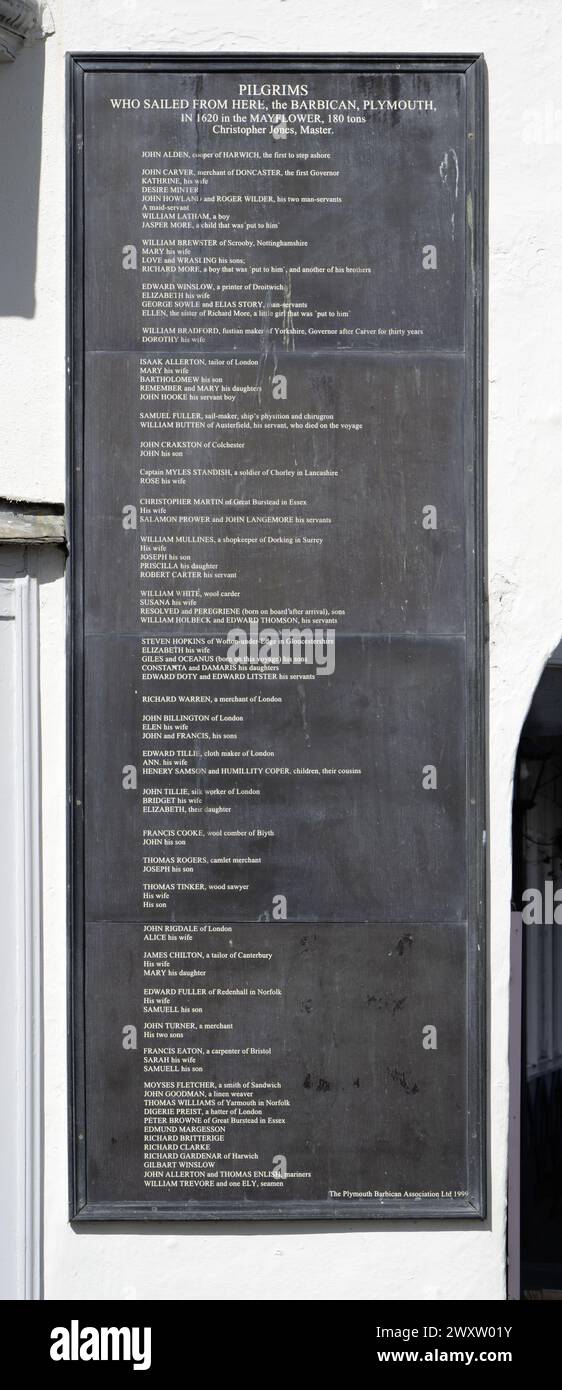 A plaque listing the names of the Pilgrim Fathers at Island House ...