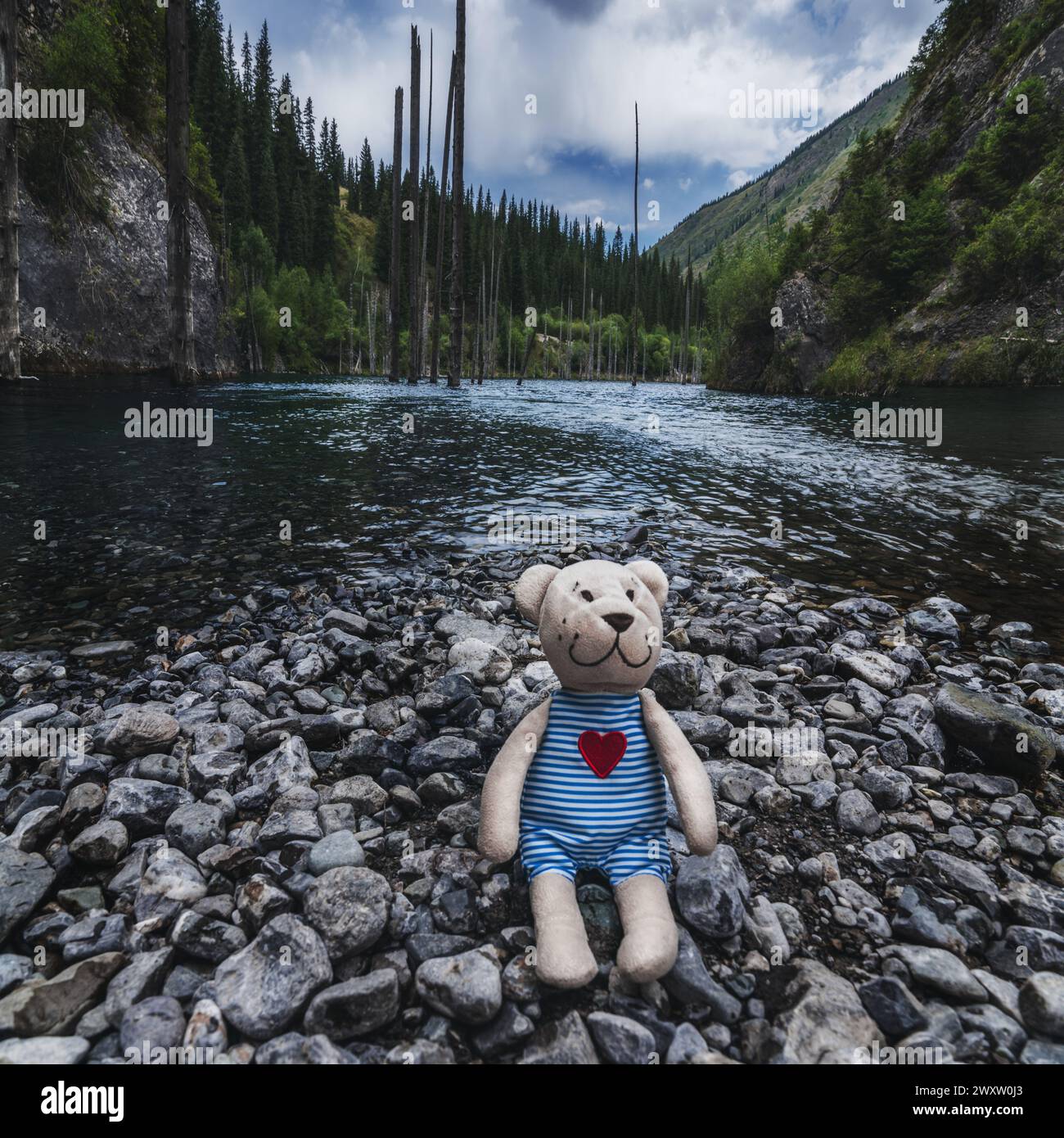 toy plush teddy bear sits relax on rocks near Kaindy Lake in Kazakhstan ...