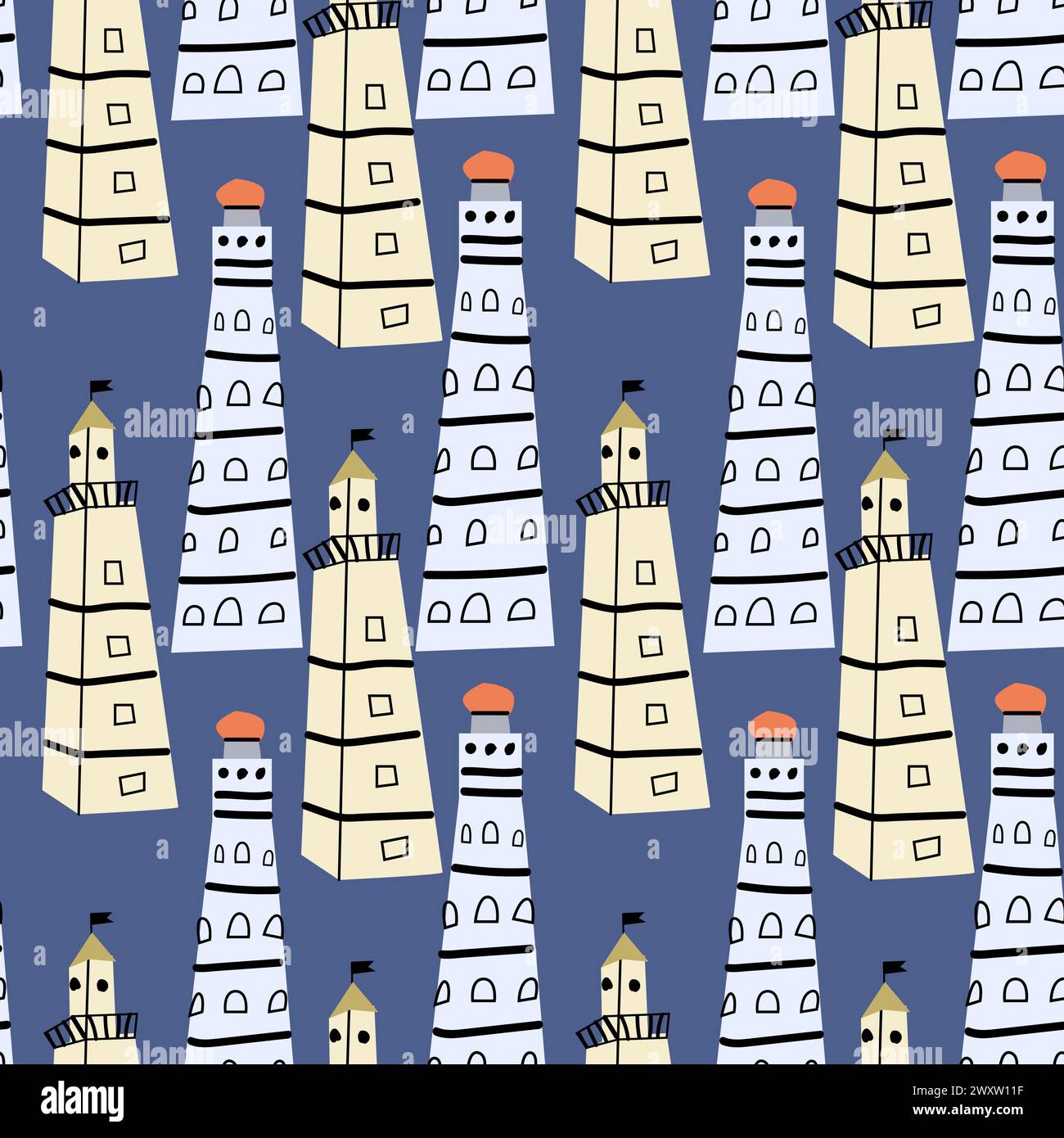 Cute marine baby pattern with lighthouses - nautical elements. Seamless ...