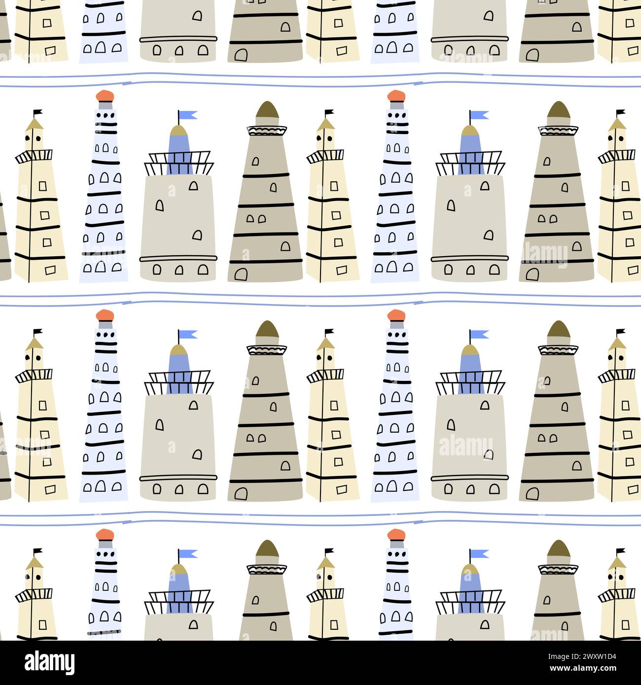 Cute marine baby pattern with beacon buildings lighthouse. Seamless ...