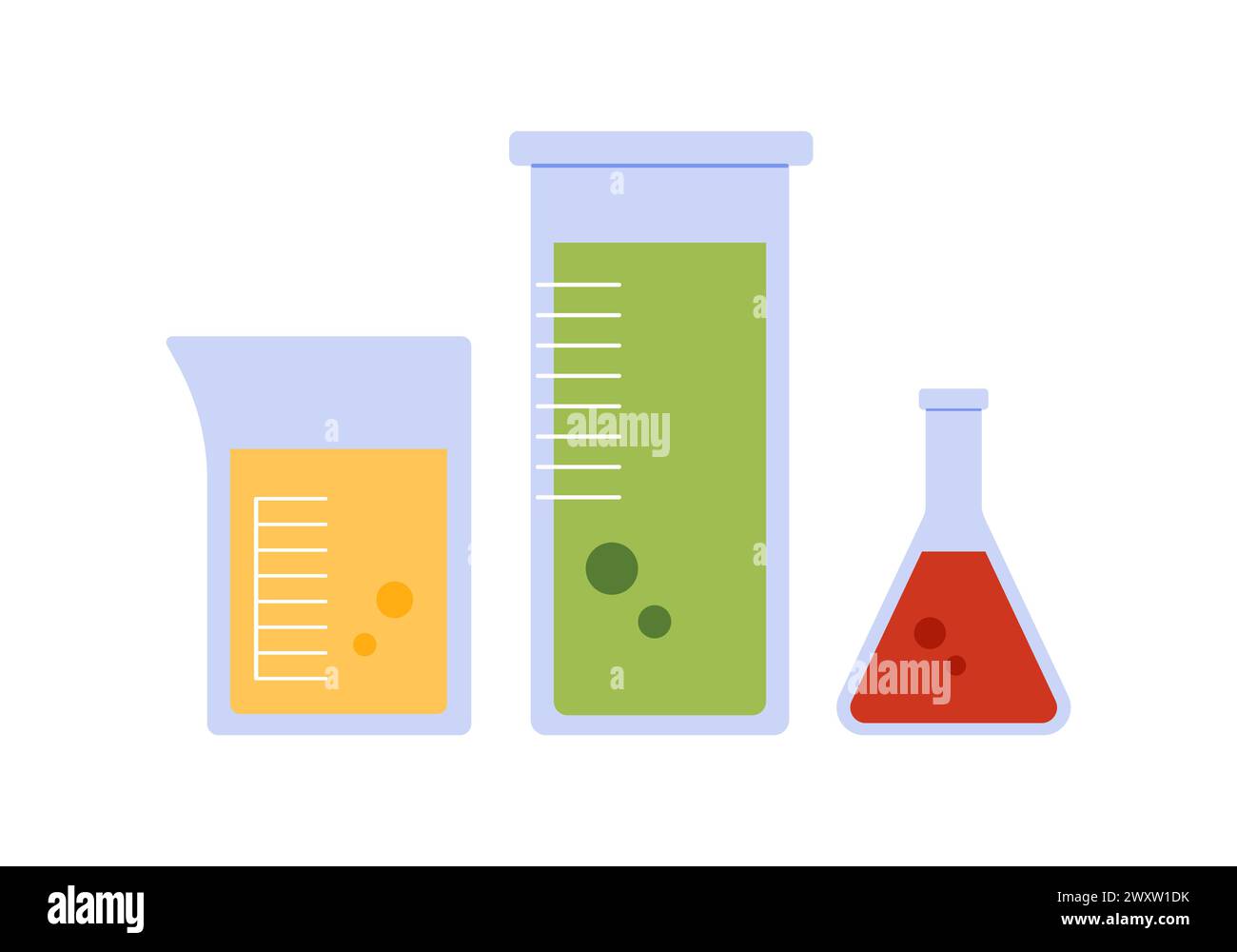 Chemical flasks of different shapes with yellow, green and red liquid ...