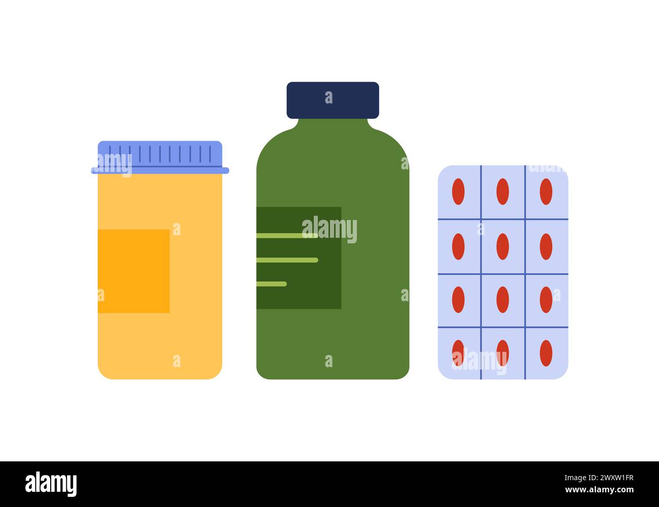 Plastic and glass bottles with pills, drug package with red capsules ...