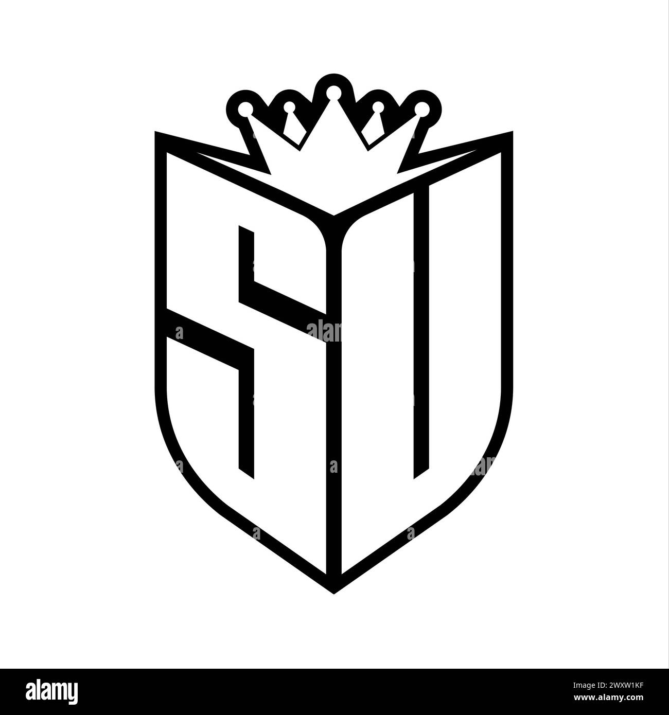 SU Letter bold monogram with shield shape and sharp crown inside shield black and white color ...
