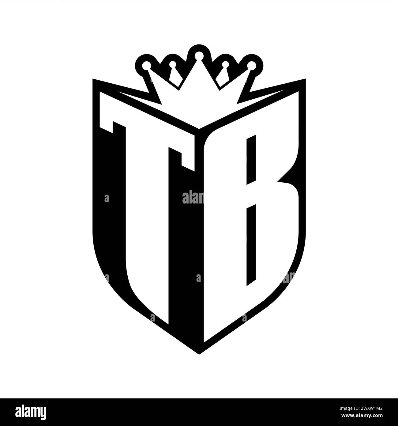 TB Letter bold monogram with shield shape and sharp crown inside shield black and white color ...