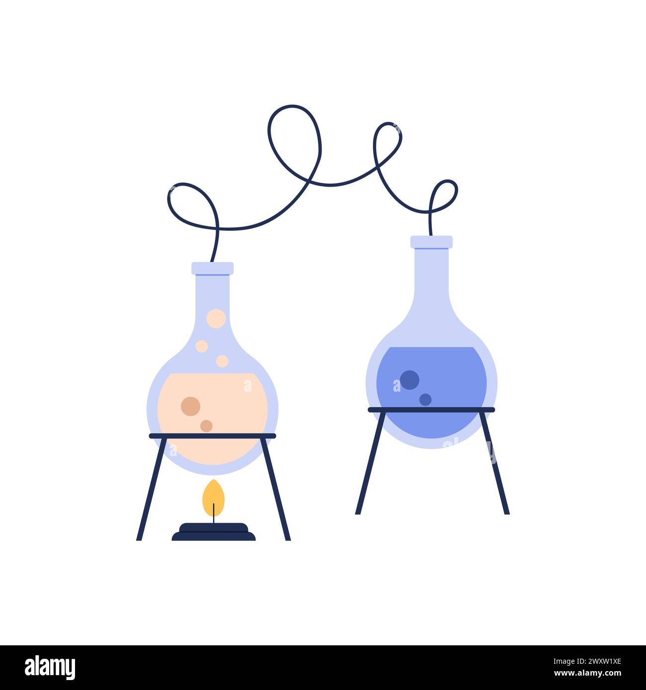 Chemical lab equipment, glass flask and beaker on holders, burner for ...