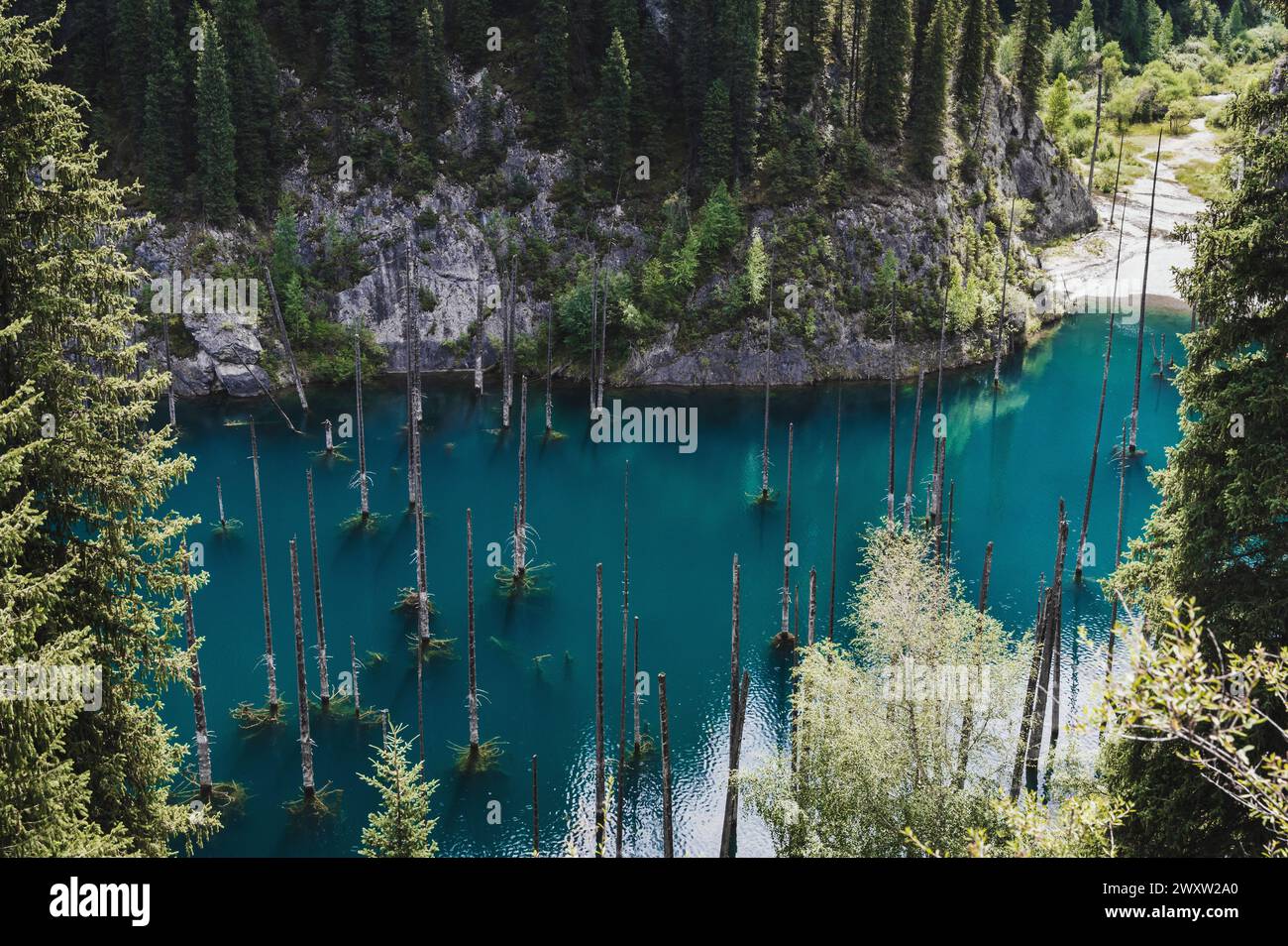 amazing Kaindy Lake in the Tien Shan mountains in Kazakhstan in summer ...