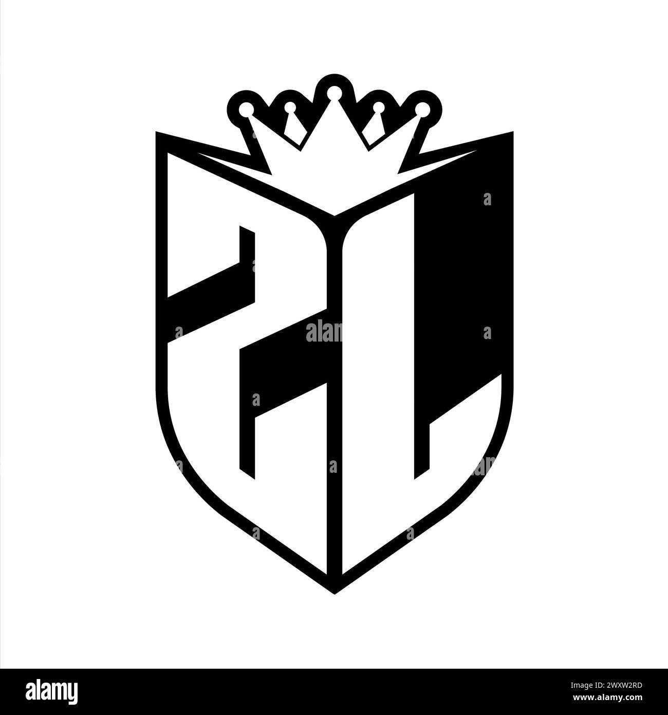 ZL Letter bold monogram with shield shape and sharp crown inside shield black and white color ...