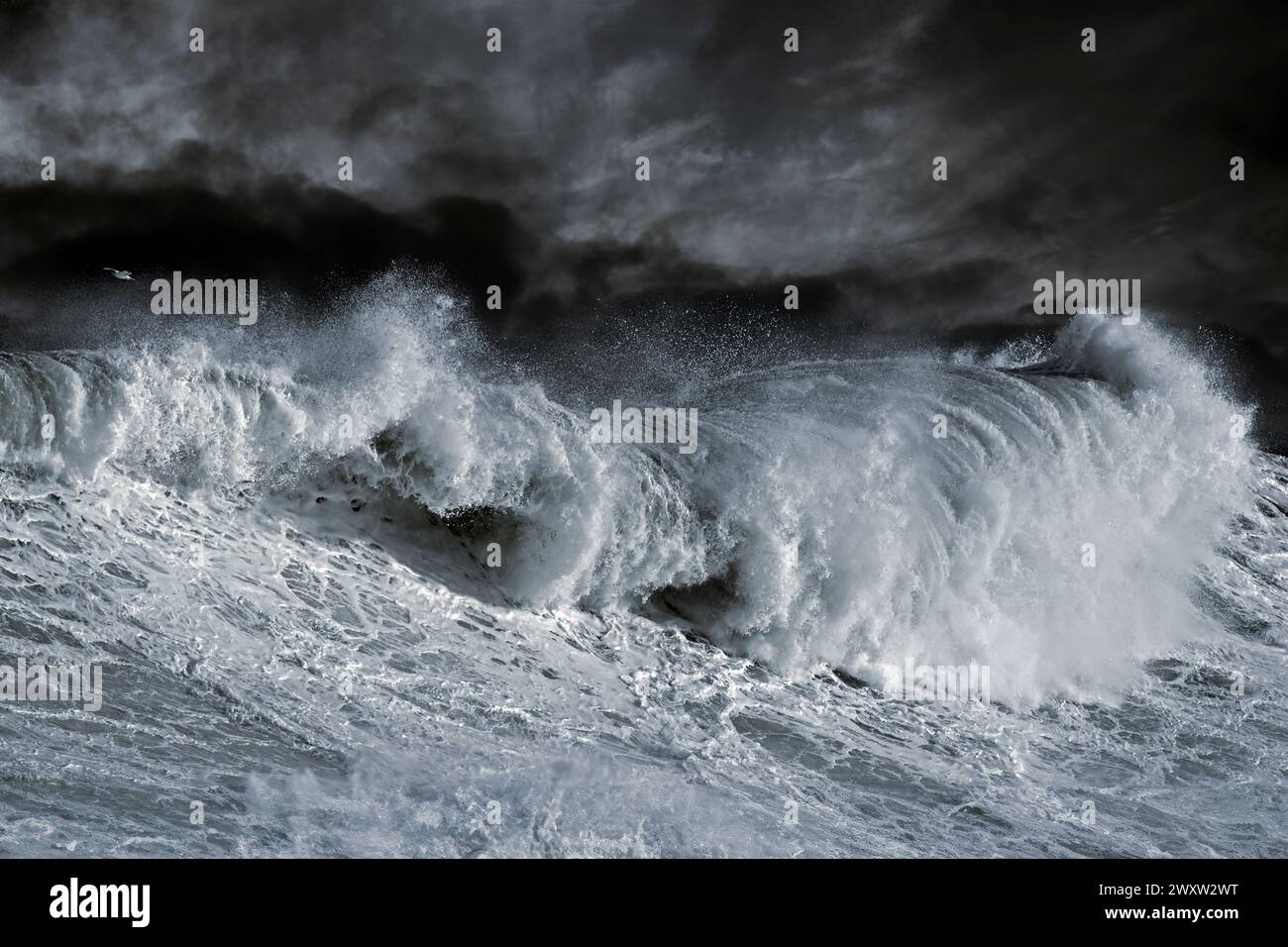 Big Atlantic wave over Portuguese cost. Enhanced sky. toned blue Stock ...