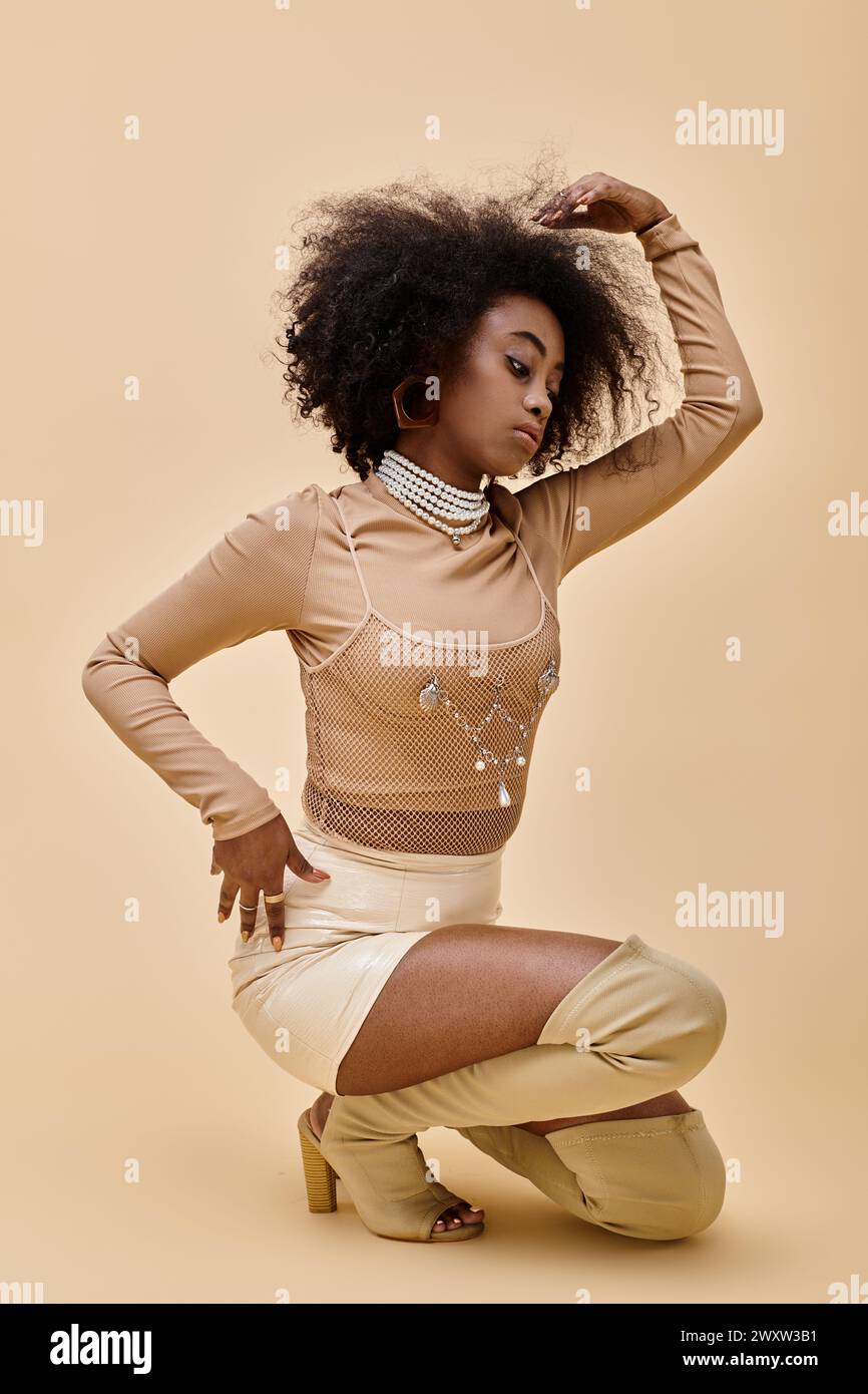 Confident African American Model In Trendy Outfit And Thigh High Boots
