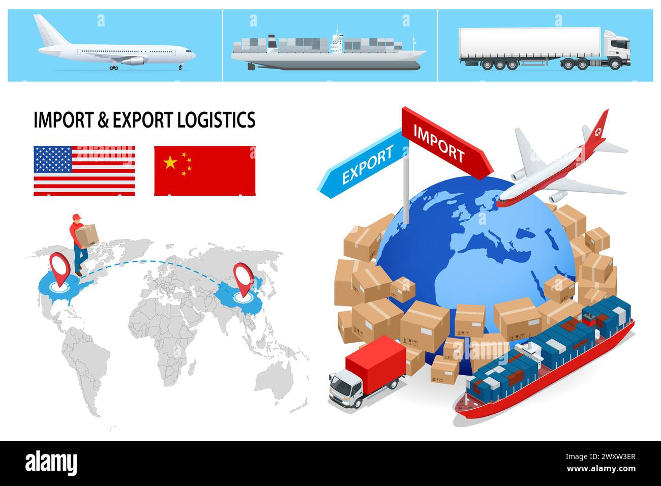 Global Logistics Network isometric, delivery and shipping business ...