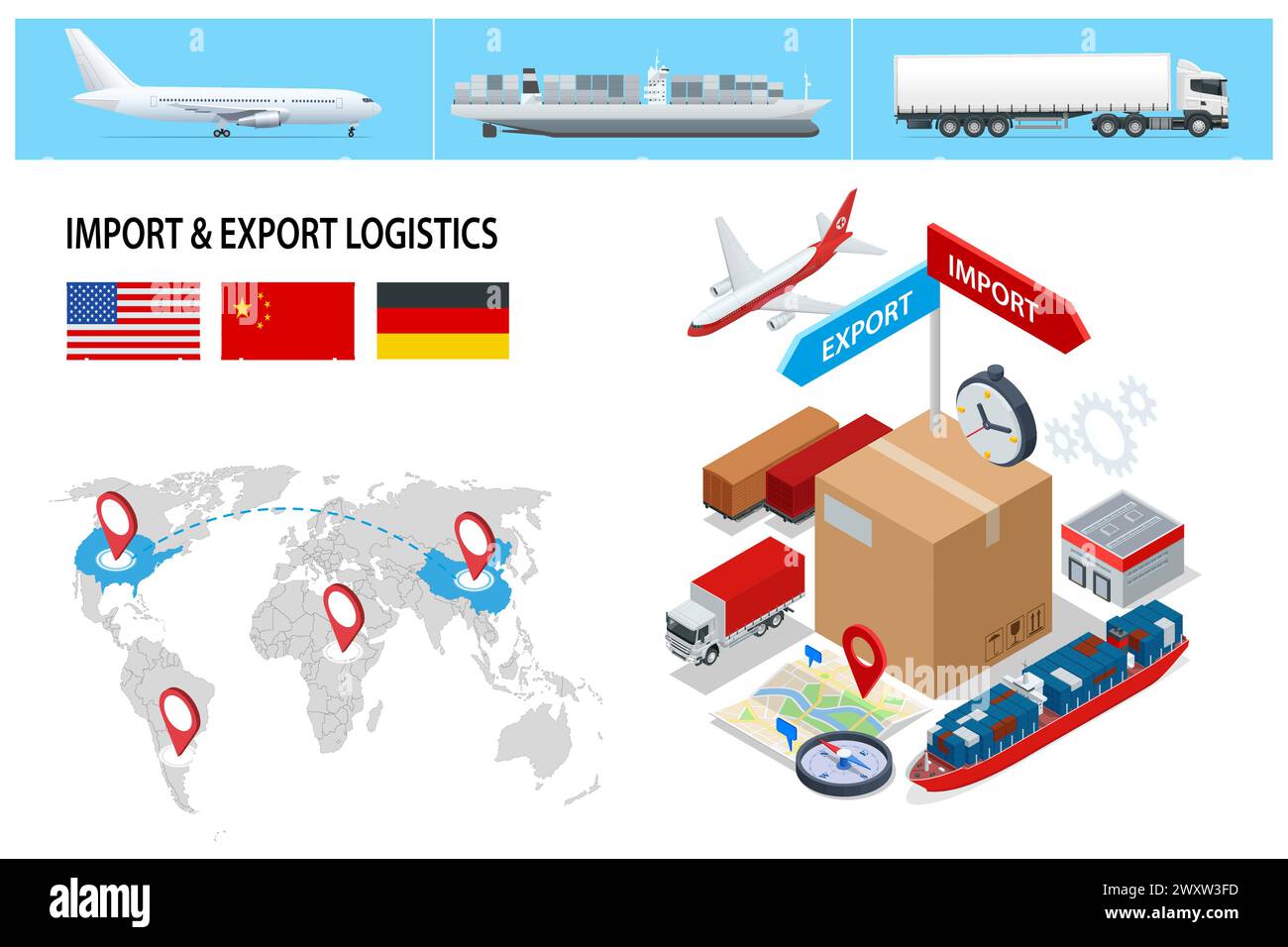 Global Logistics Network isometric, delivery and shipping business ...