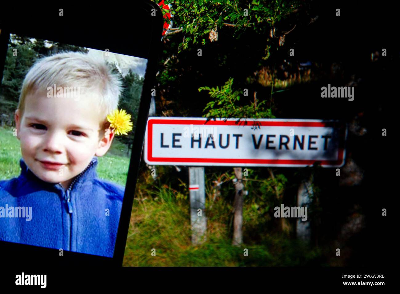 Le Vernet, France. 02nd Apr, 2024. Photomontage with a photograph of ...