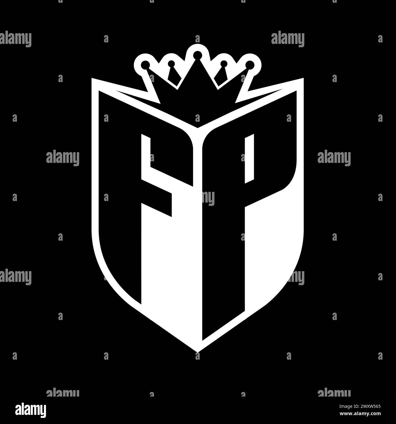 FP Letter bold monogram with shield shape and sharp crown inside shield ...