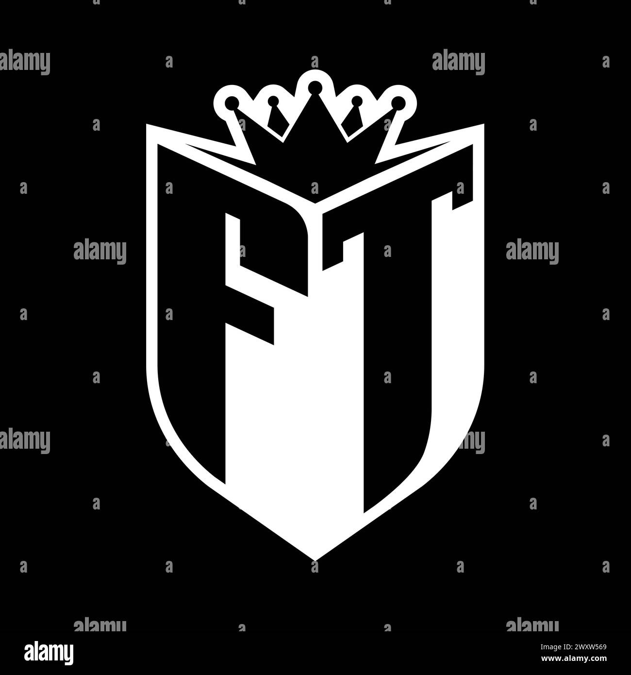 FT Letter bold monogram with shield shape and sharp crown inside shield black and white color ...