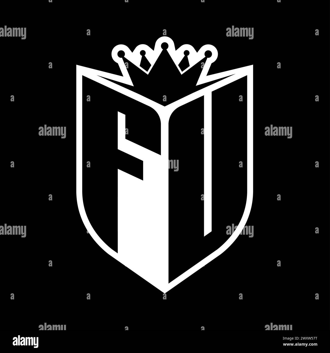 FU Letter bold monogram with shield shape and sharp crown inside shield ...