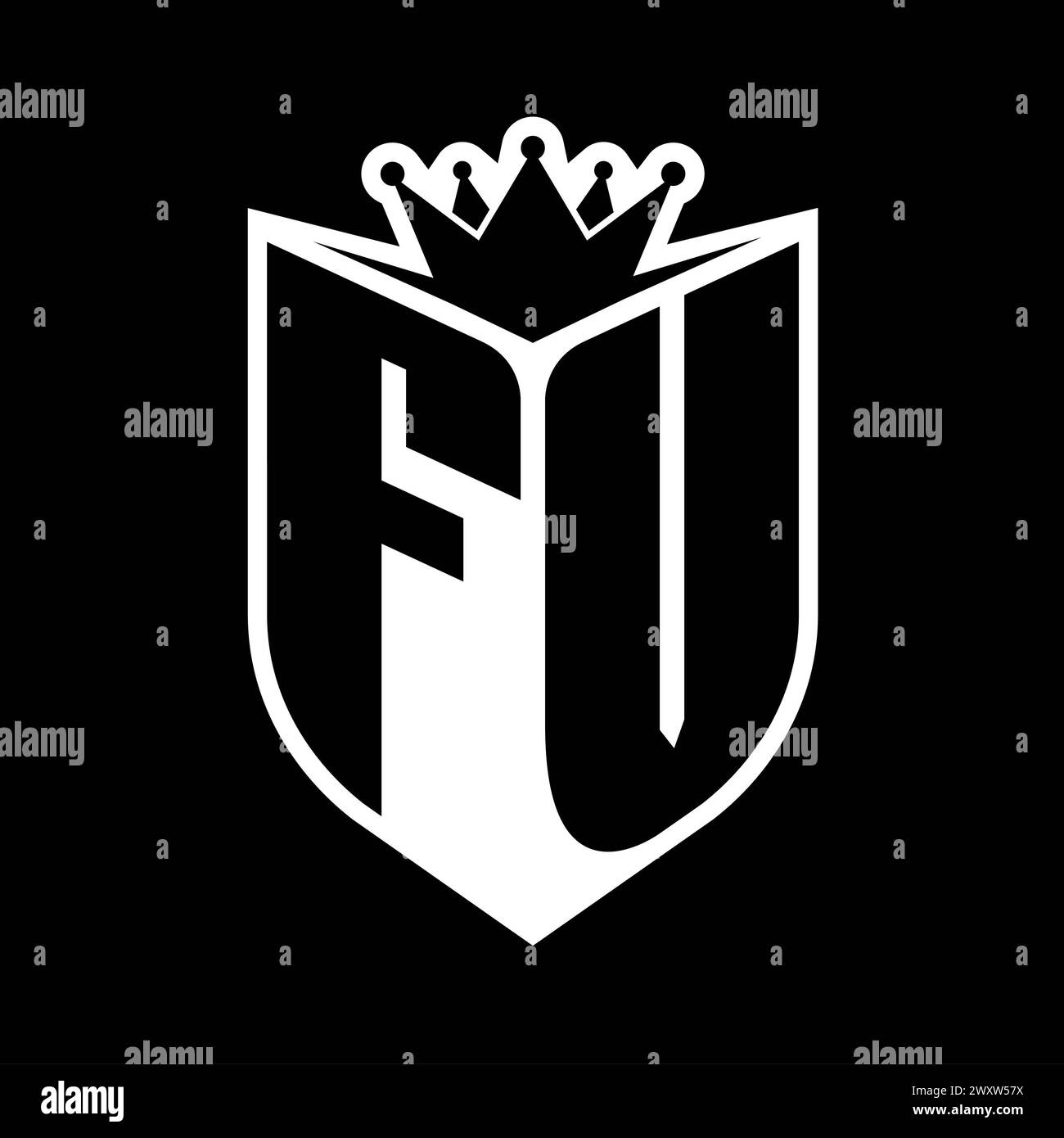 FV Letter bold monogram with shield shape and sharp crown inside shield black and white color ...