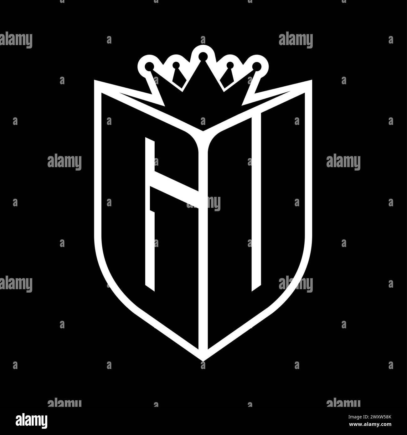 GU Letter bold monogram with shield shape and sharp crown inside shield black and white color ...