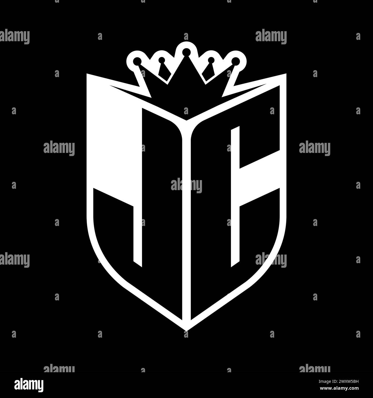 JC Letter bold monogram with shield shape and sharp crown inside shield black and white color ...