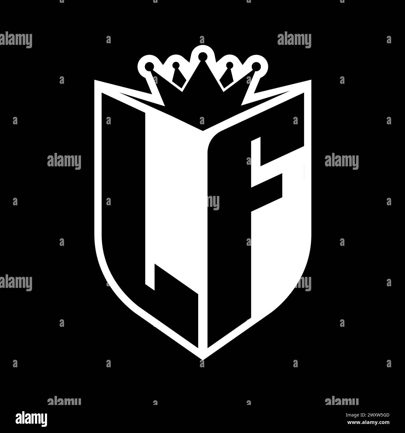 LF Letter bold monogram with shield shape and sharp crown inside shield black and white color ...