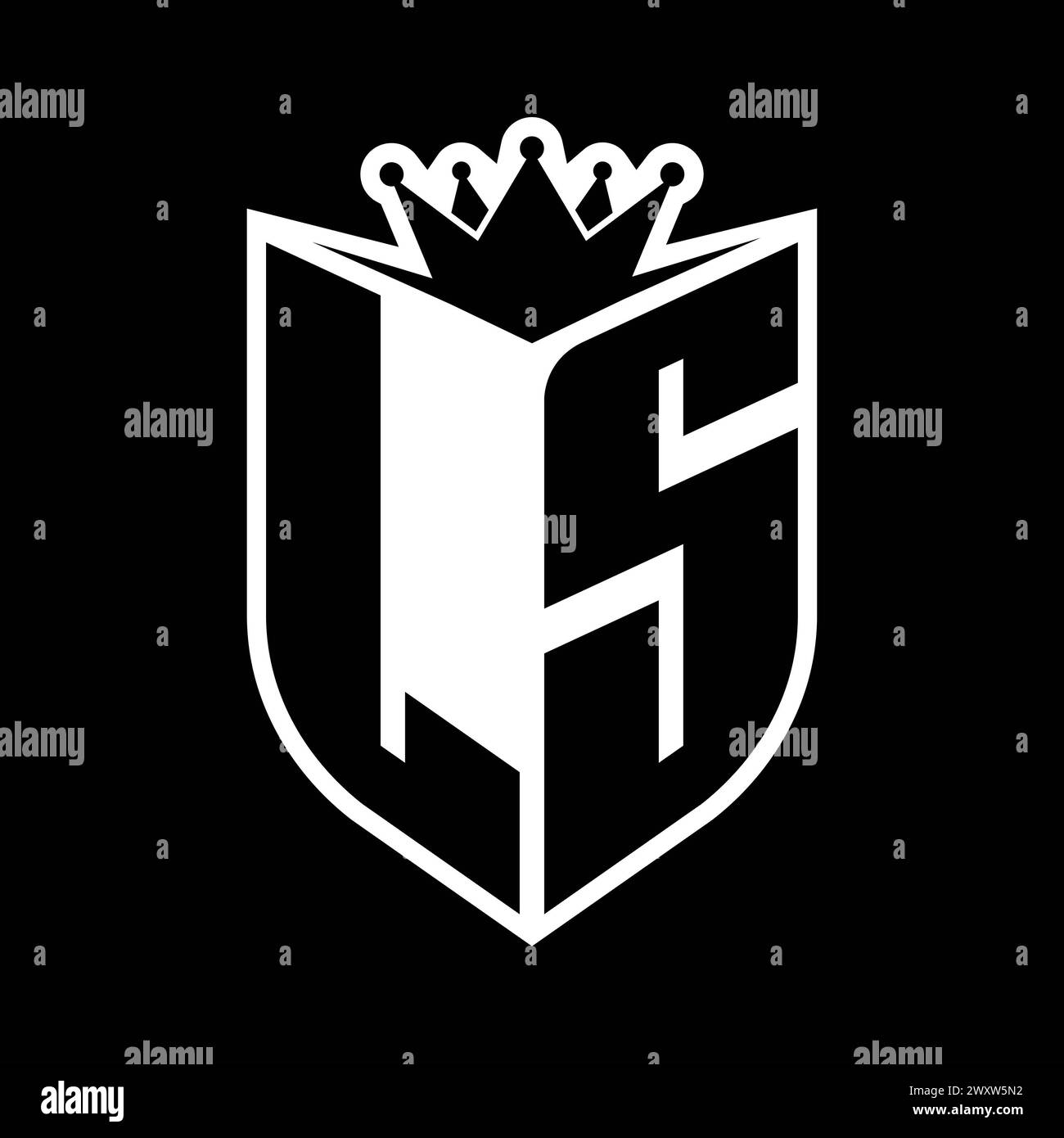 LS Letter bold monogram with shield shape and sharp crown inside shield black and white color ...