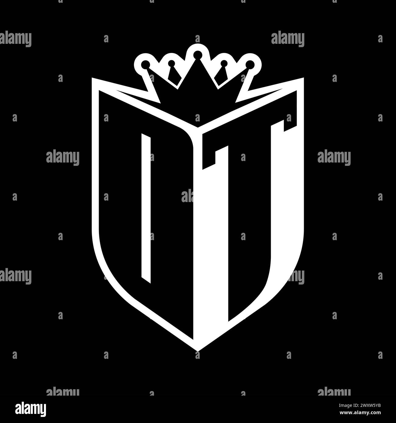 OT Letter bold monogram with shield shape and sharp crown inside shield black and white color ...