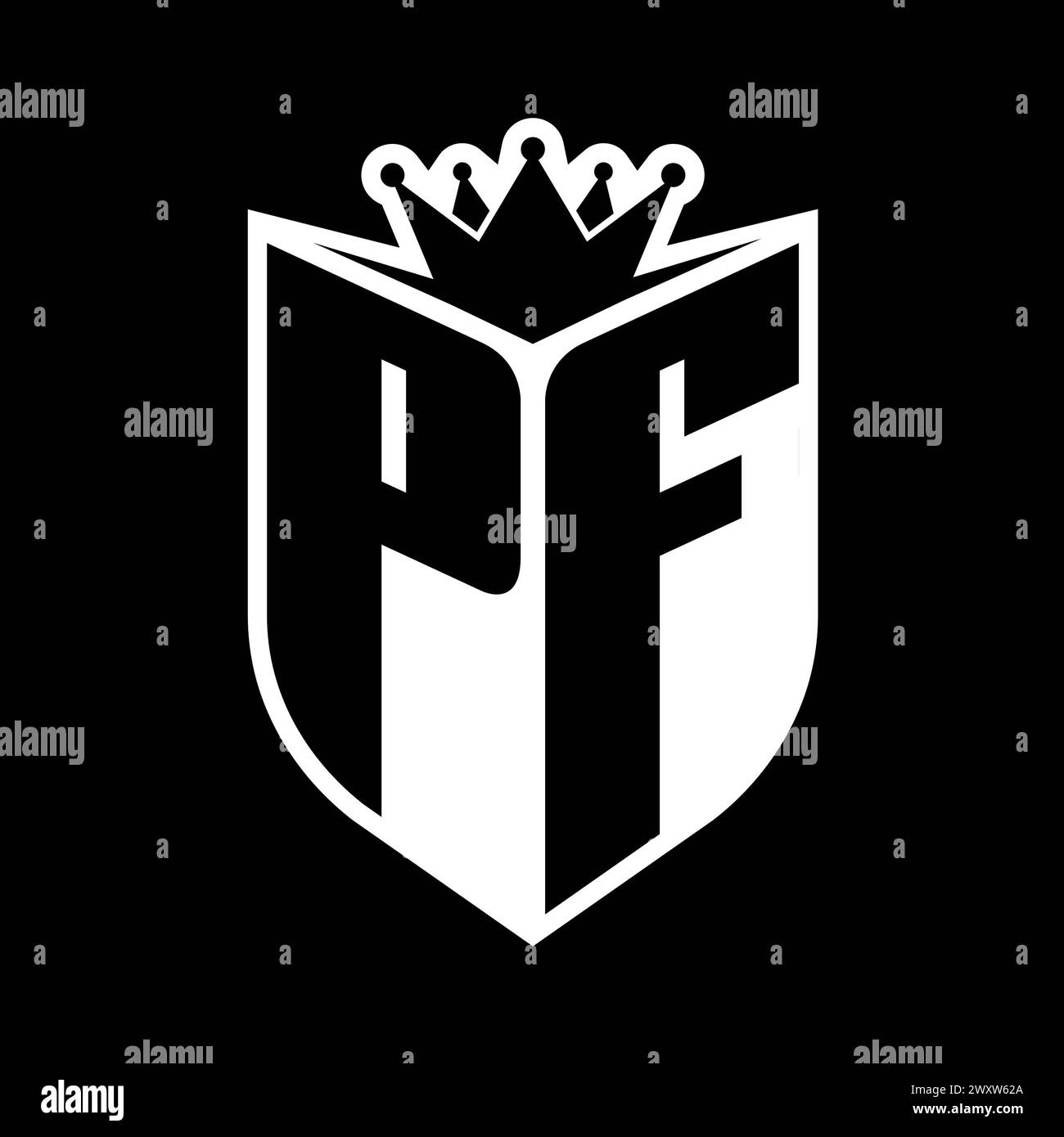 PF Letter bold monogram with shield shape and sharp crown inside shield black and white color ...